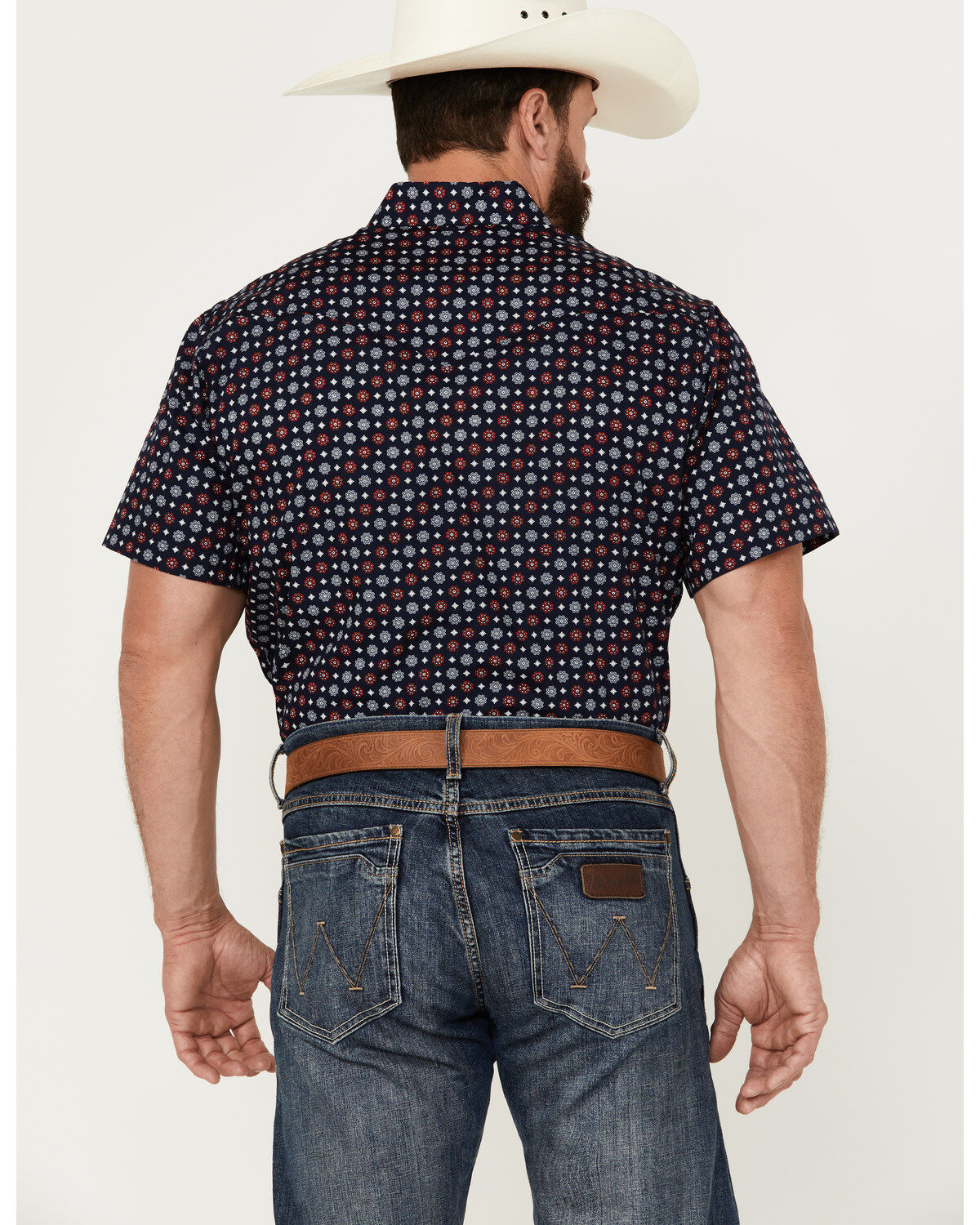 Rodeo Clothing Men's Medallion Print Short Sleeve Snap Western Shirt, Navy