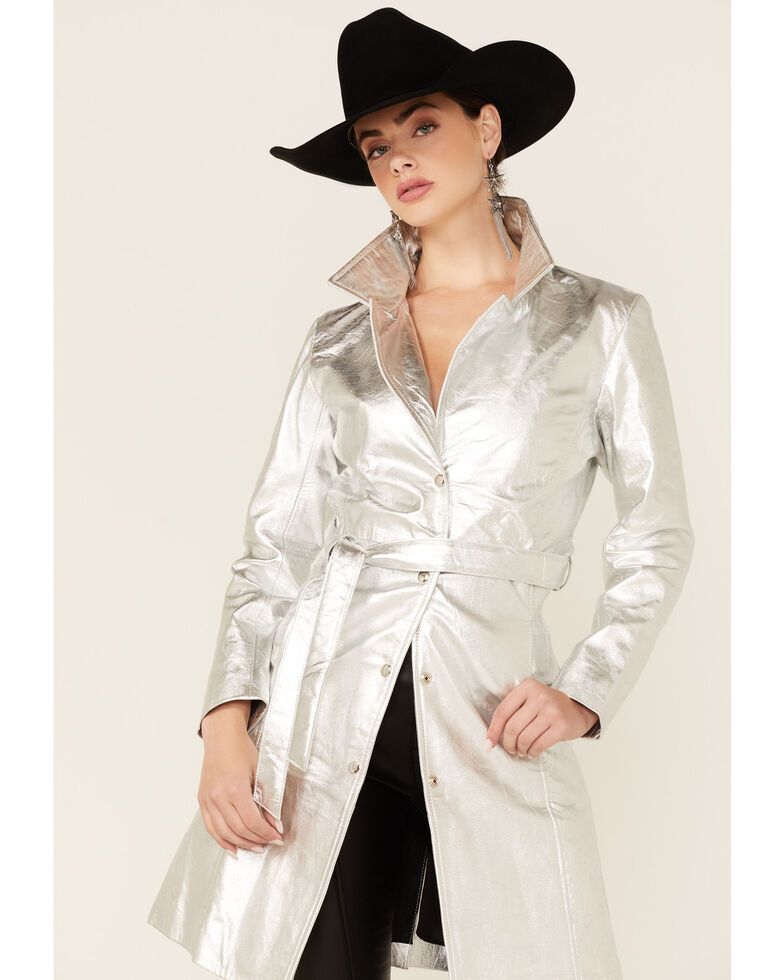 Understated Leather Women's Silver Metallic Moondust Trench Coat | Boot ...