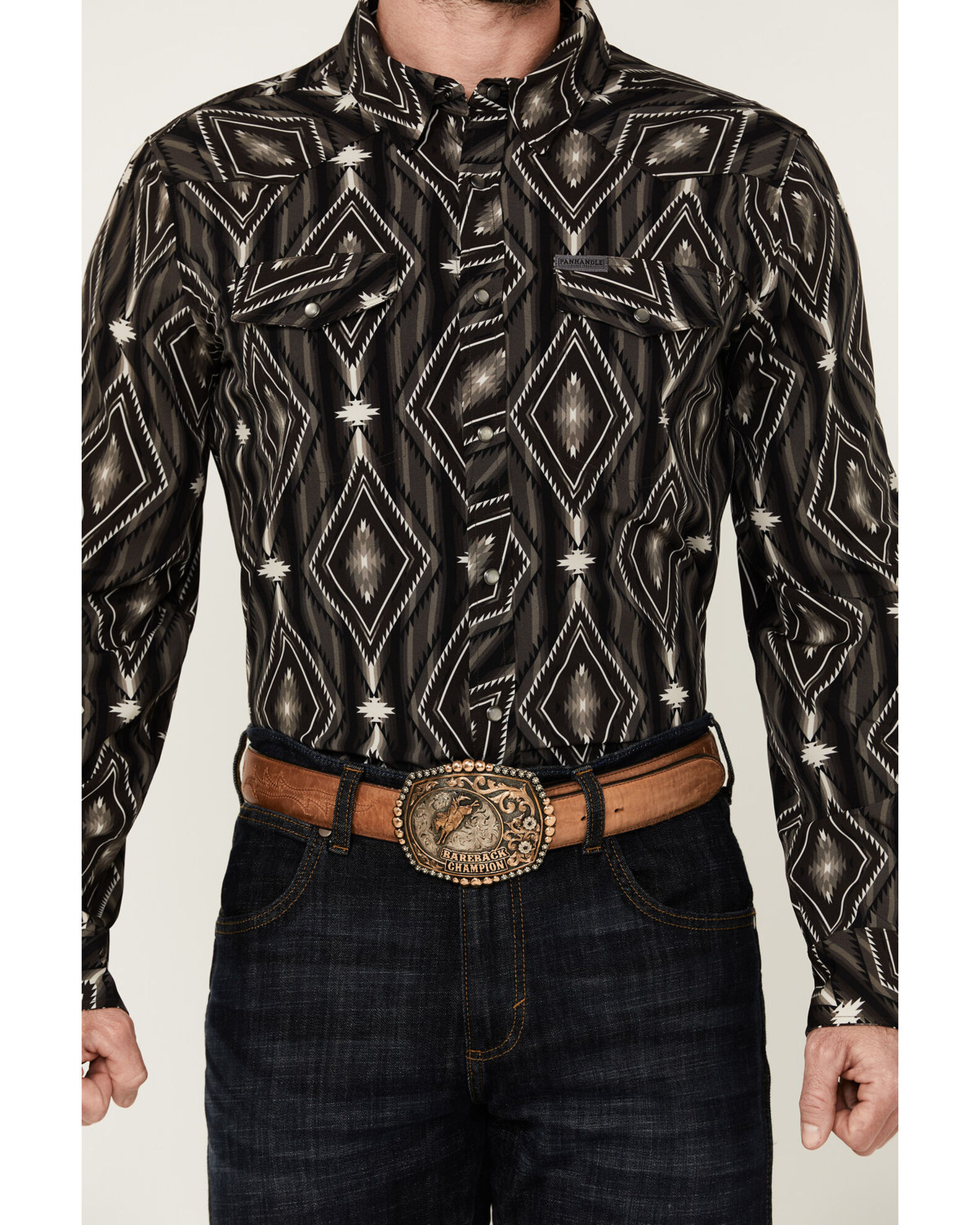 Panhandle Mens Southwestern Print Long Sleeve Pearl Snap Performance