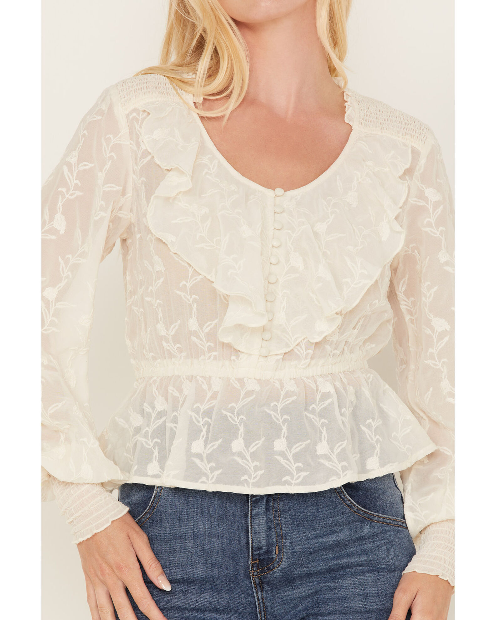 Shyanne Women's Floral Embroidered Chiffon Ruffle Blouse, Off White