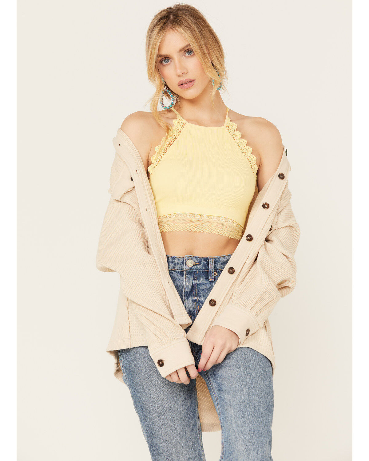 Fornia Women's Halter Lace Trim Bralette, Yellow