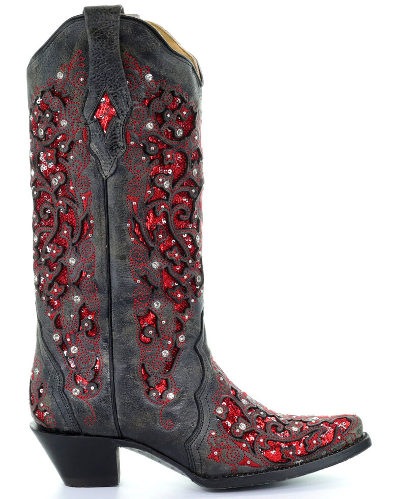 Corral Women's Crystal and Red Sequin Inlay Cowgirl Boots - Snip Toe ...