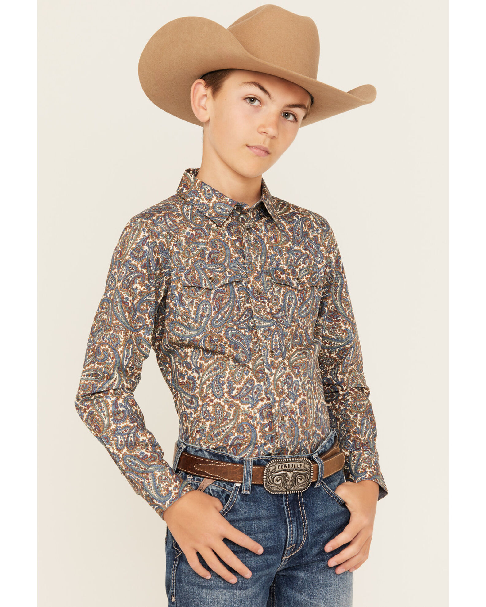Cody James Boys' Madera Paisley Print Long Sleeve Snap Western Shirt, Blue