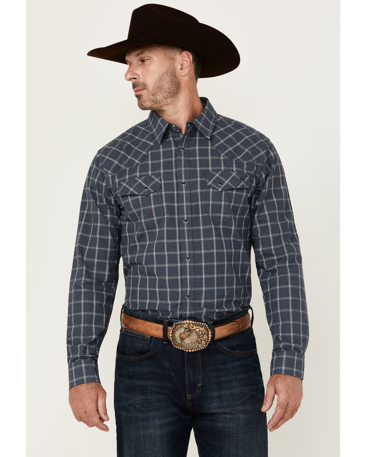 Product Name: Blue Ranchwear Men's Elk Plaid Print Long Sleeve Snap ...