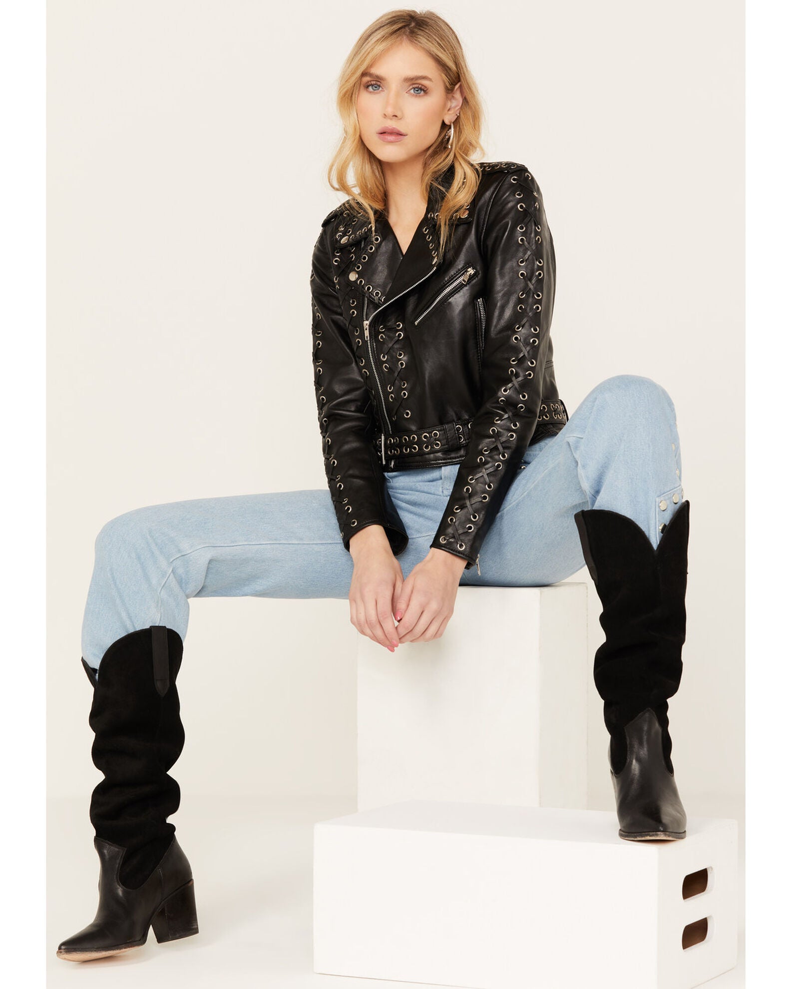 Understated Leather Women's Destiny Eyelet Moto Jacket, Black