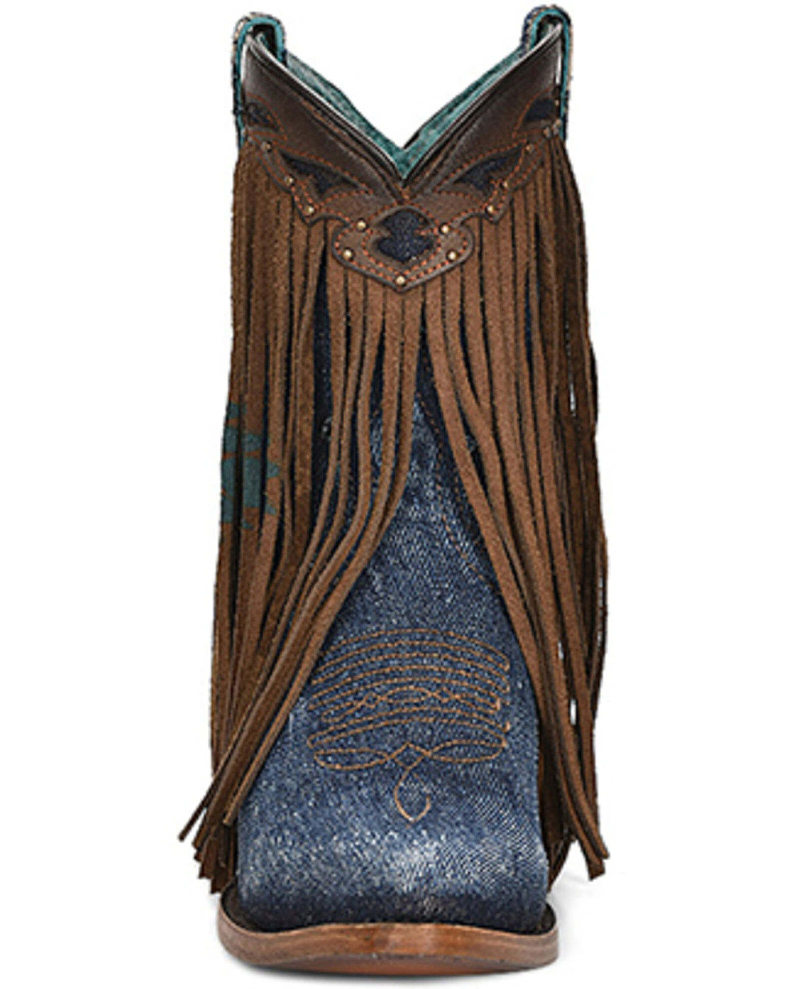Corral Womens Denim Overlay Fringe Ankle Booties Snip Toe Brown