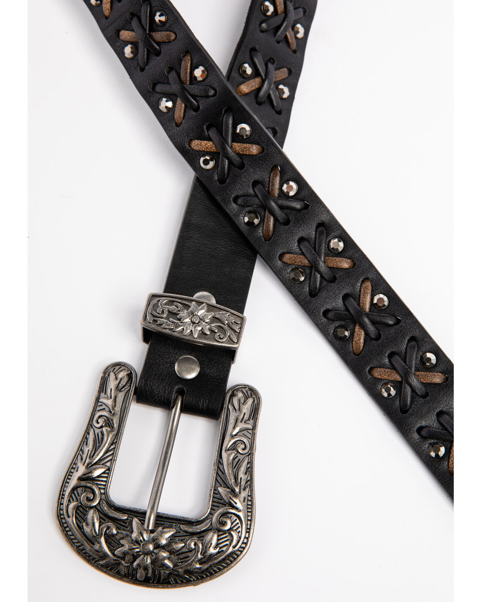 Shyanne Women's Black Two Tone Criss Cross Studded Belt, Black