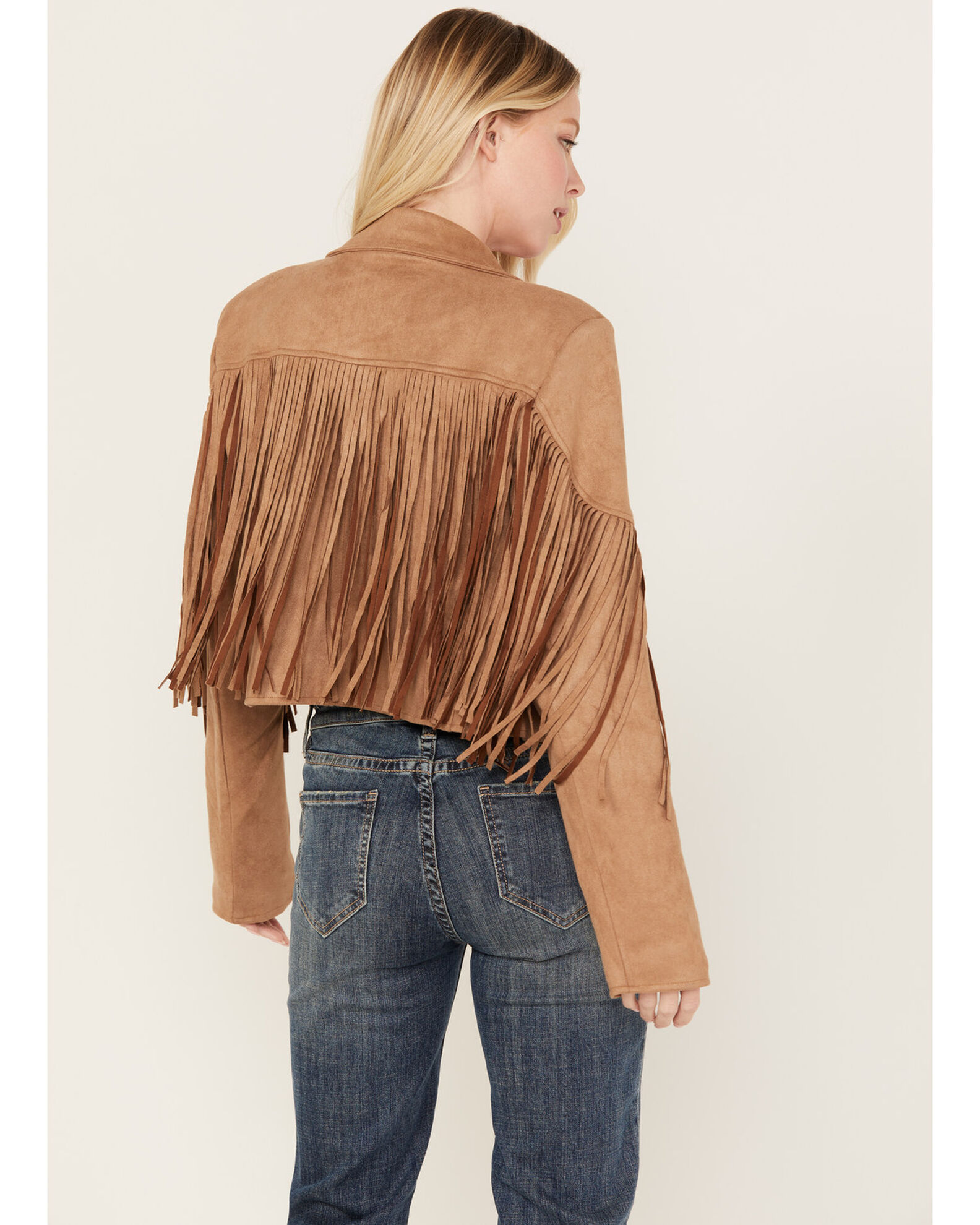Saints & Hearts Women's Faux Suede Cropped Fringe Jacket,