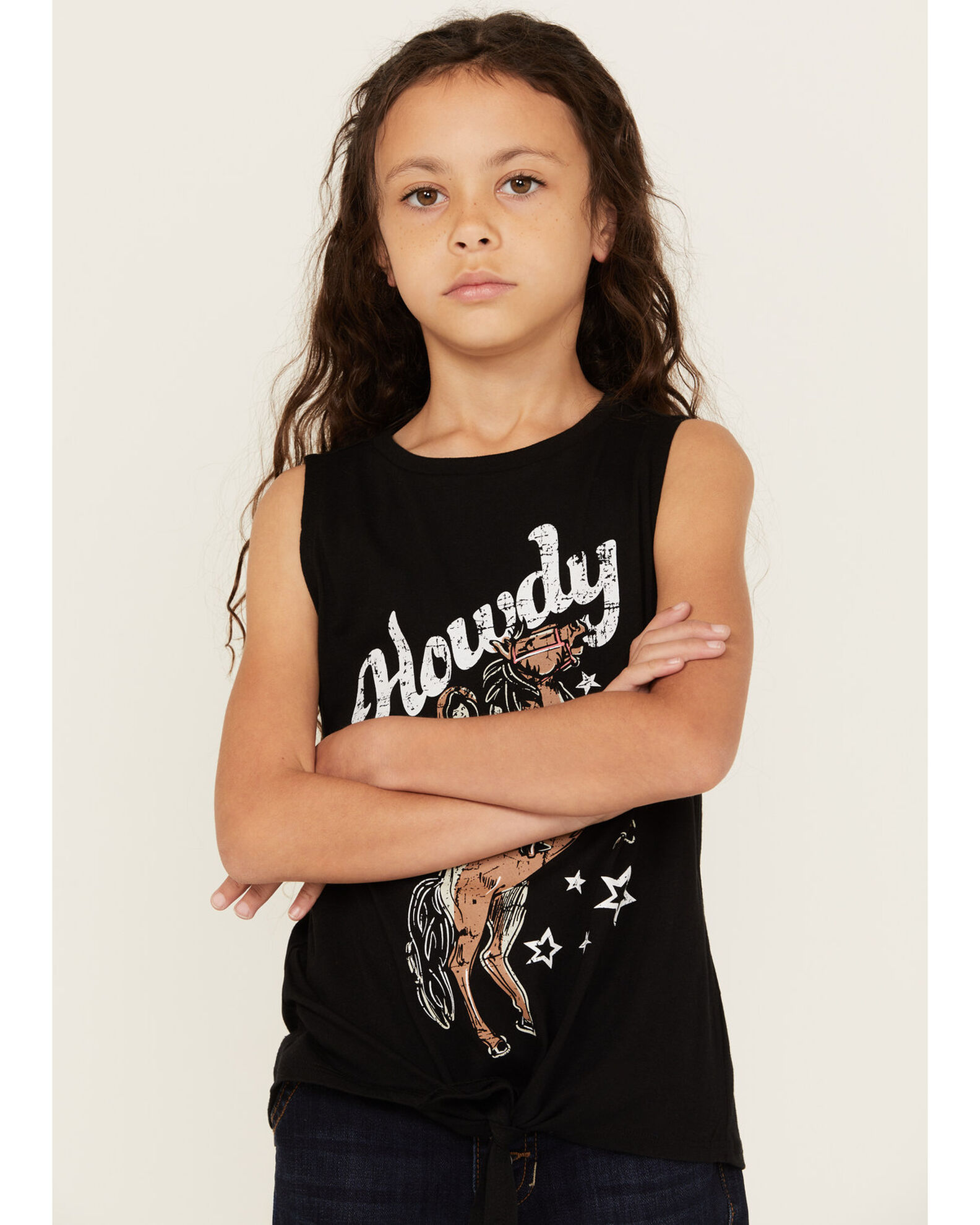 Rock & Roll Denim Girls' Howdy Tie Front Tank, Black