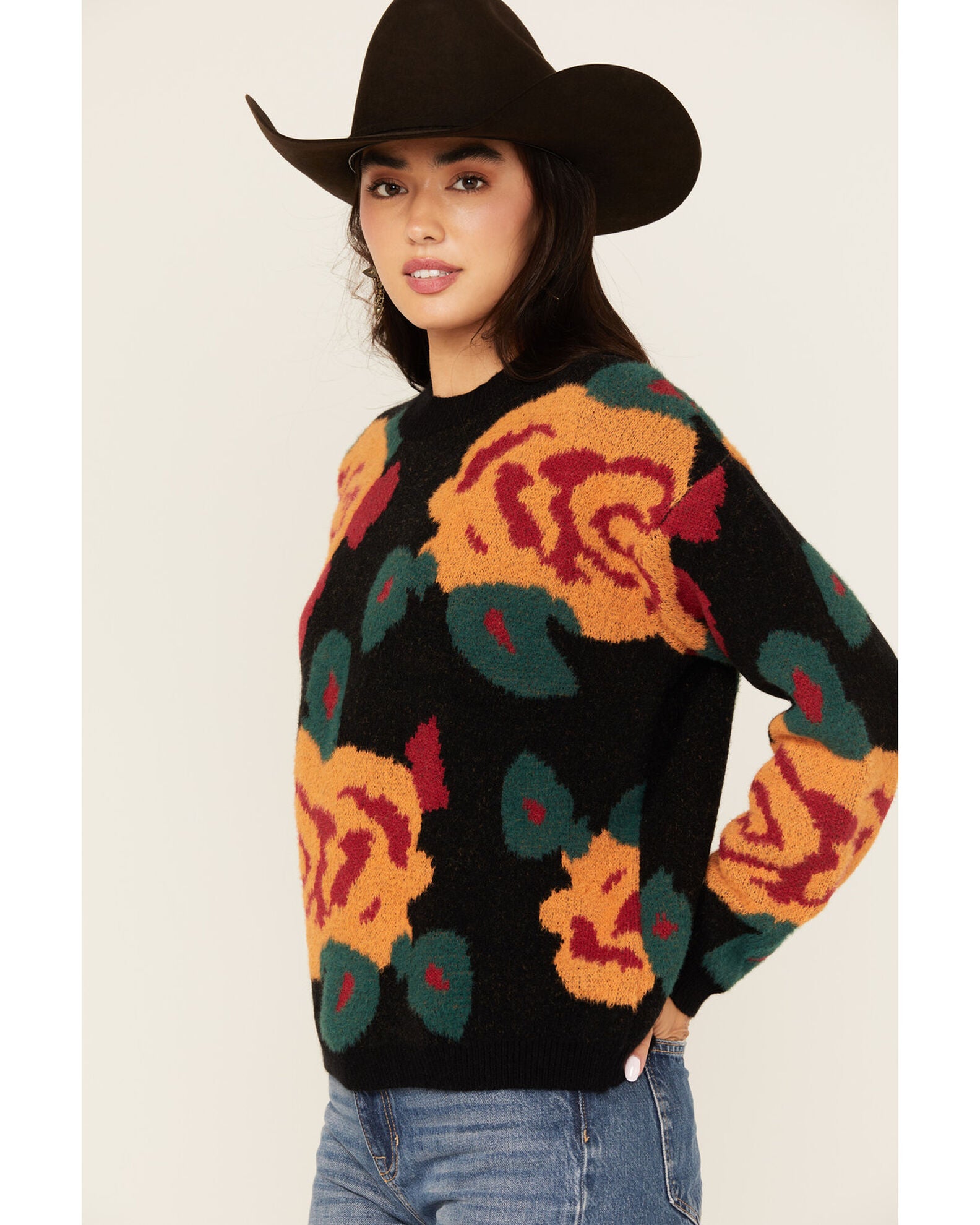 Evergreen Women's Floral Crew Neck Sweater, Black