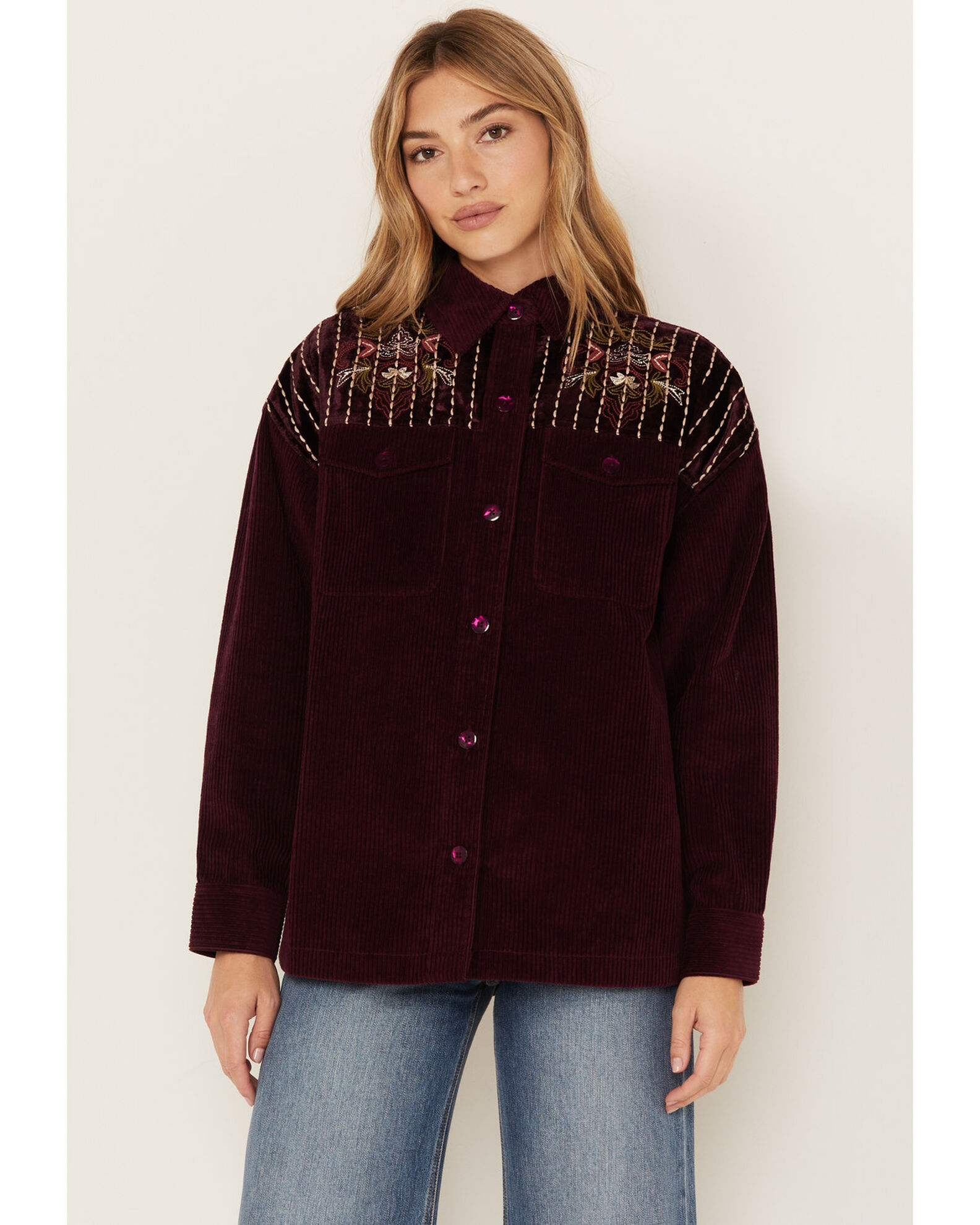 Cleo + Wolf Women's Embroidered Velvet Shacket, Grape