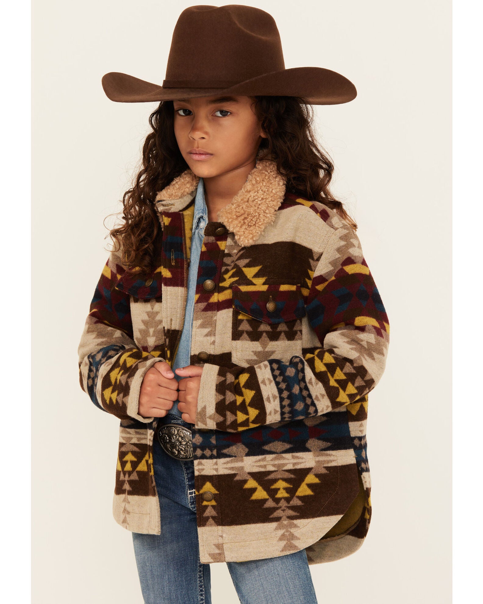 Shyanne Girls' Southwestern Print Sherpa Trim Shacket, Chocolate
