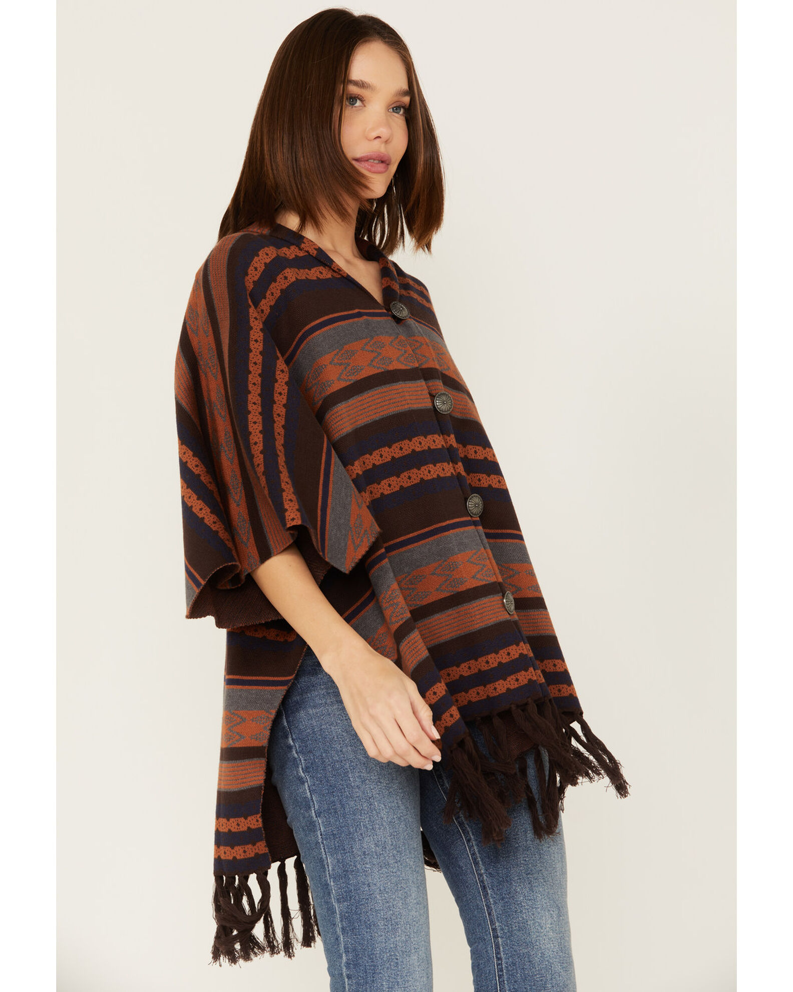 Cruel Girl Women's Southwestern Striped Print Poncho, Brown