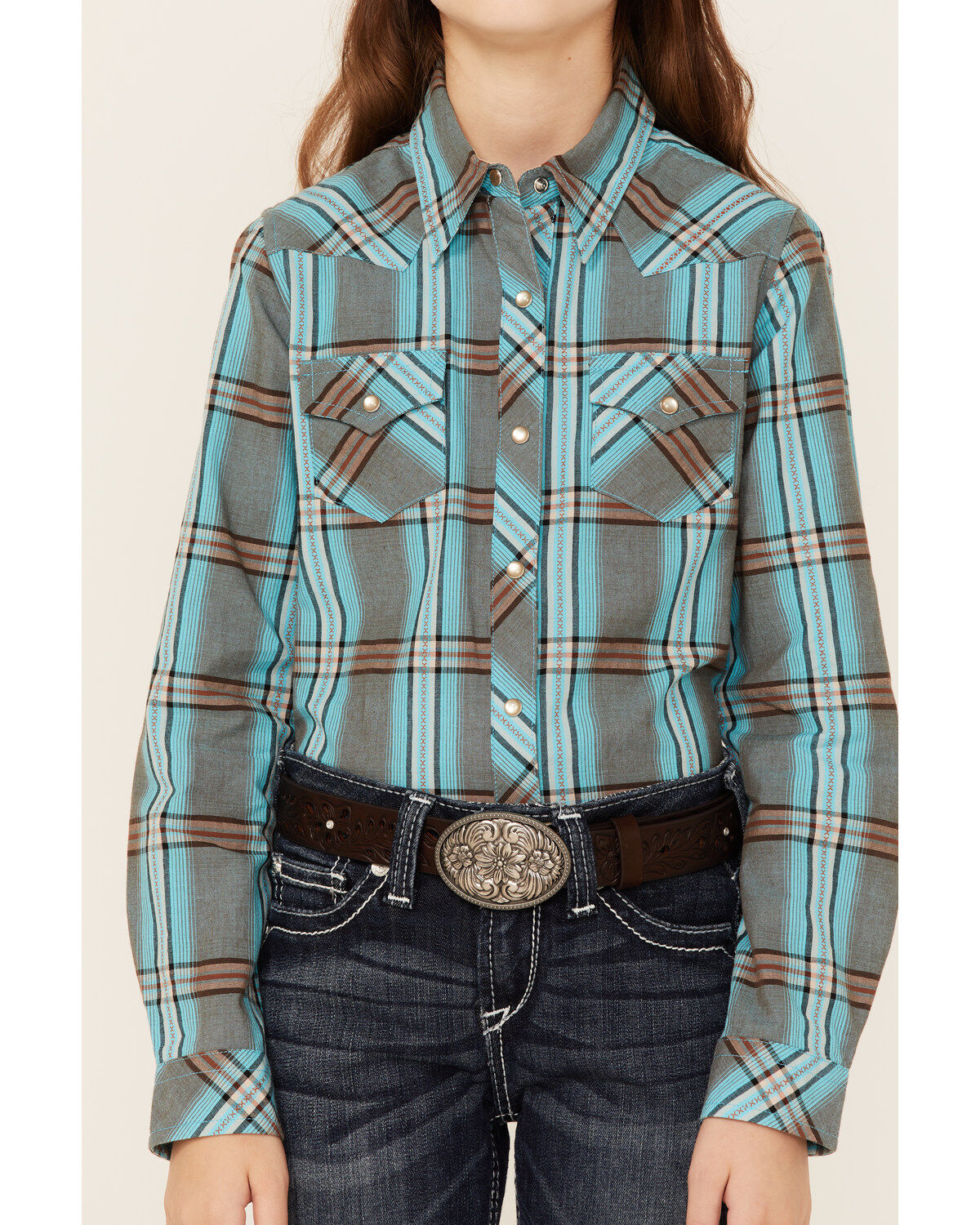 Roper Girls' Plaid Print Long Sleeve Western Shirt, Blue