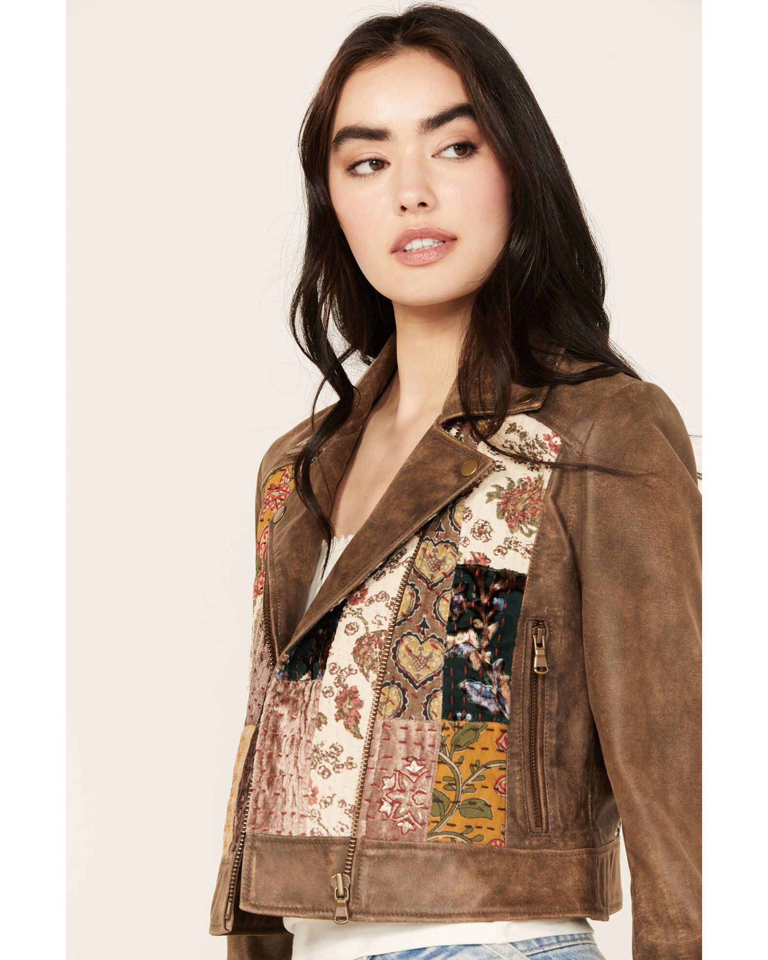 Cleo + Wolf Women's Patchwork Leather Moto Jacket, Brown