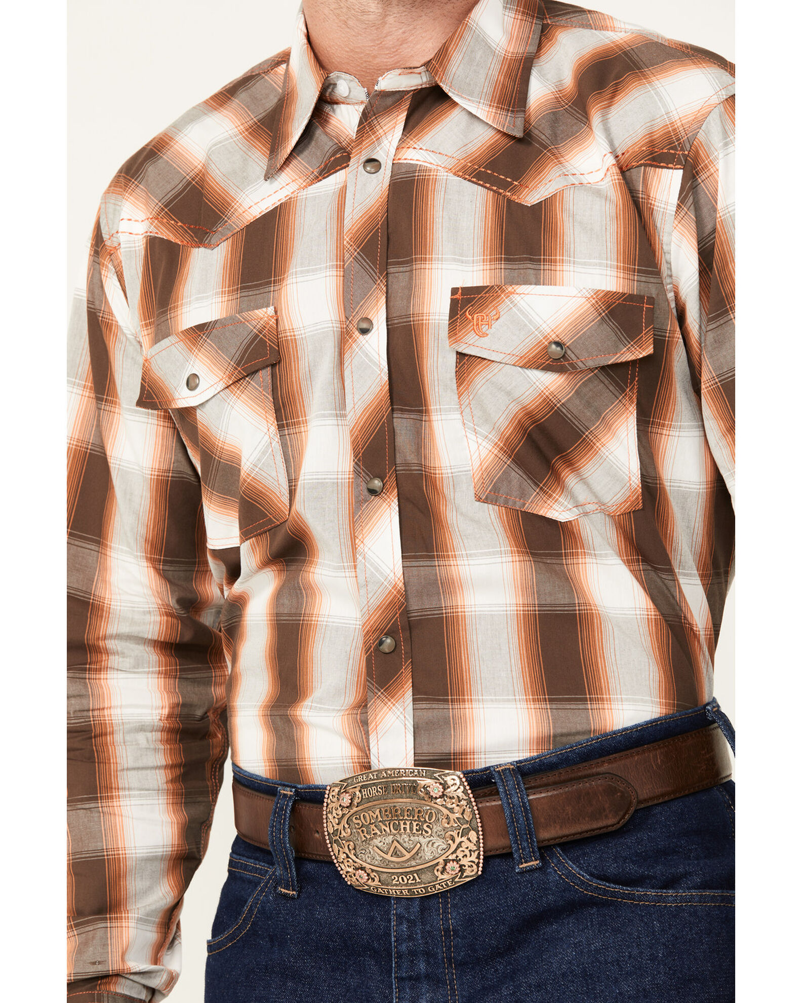 Cowboy Hardware Men's Hombre Plaid Print Long Sleeve Snap Western Shirt, Brown