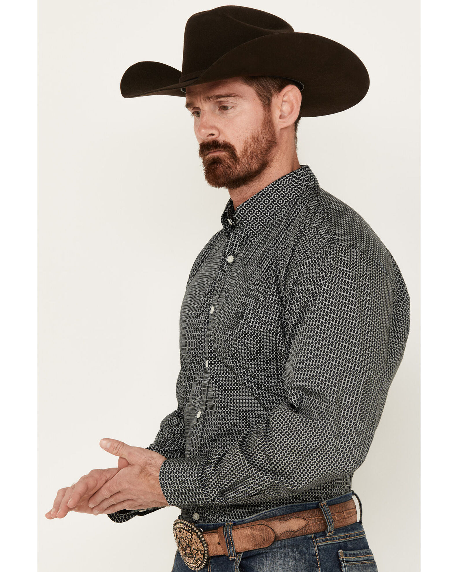 Resistol Mens Troy Geo Print Long Sleeve Button Down Western Shirt Navy