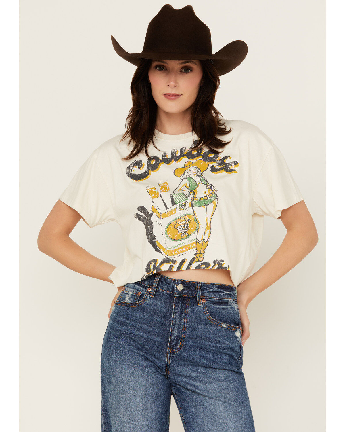 Country Deep Women's Cowboy Killer Short Sleeve Cropped Graphic Tee,