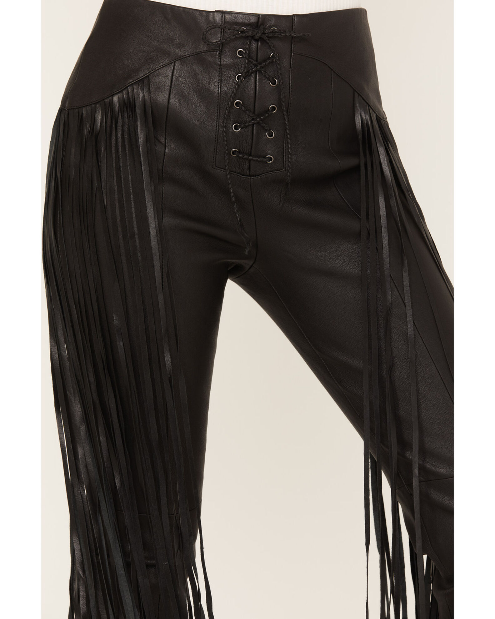 Wonderwest Women's Leather Fringe Pants, Black