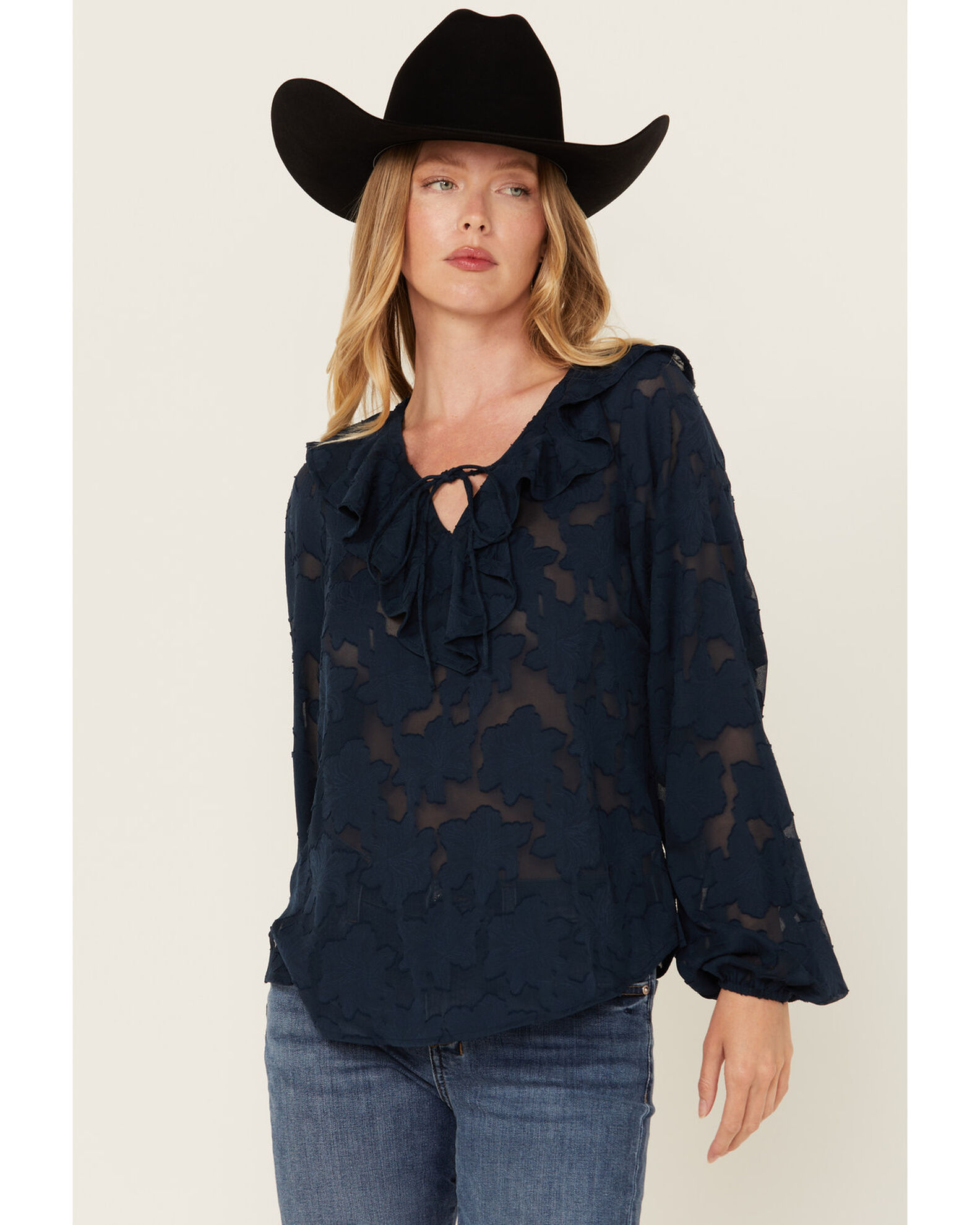 Shyanne Women's Floral Long Sleeve Ruffle Peasant Top, Navy