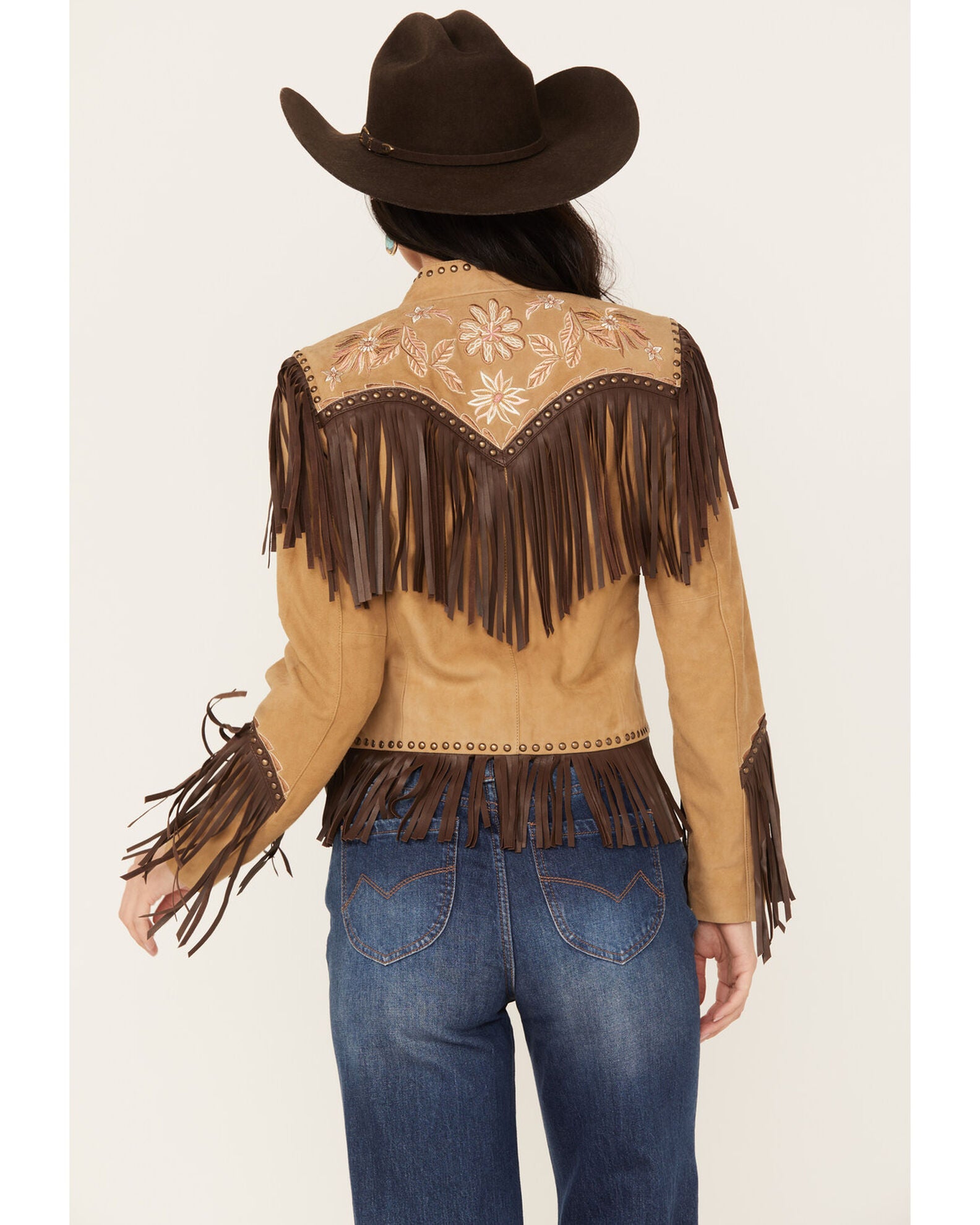 Shyanne Women's Embroidered Suede Fringe Jacket, Taupe