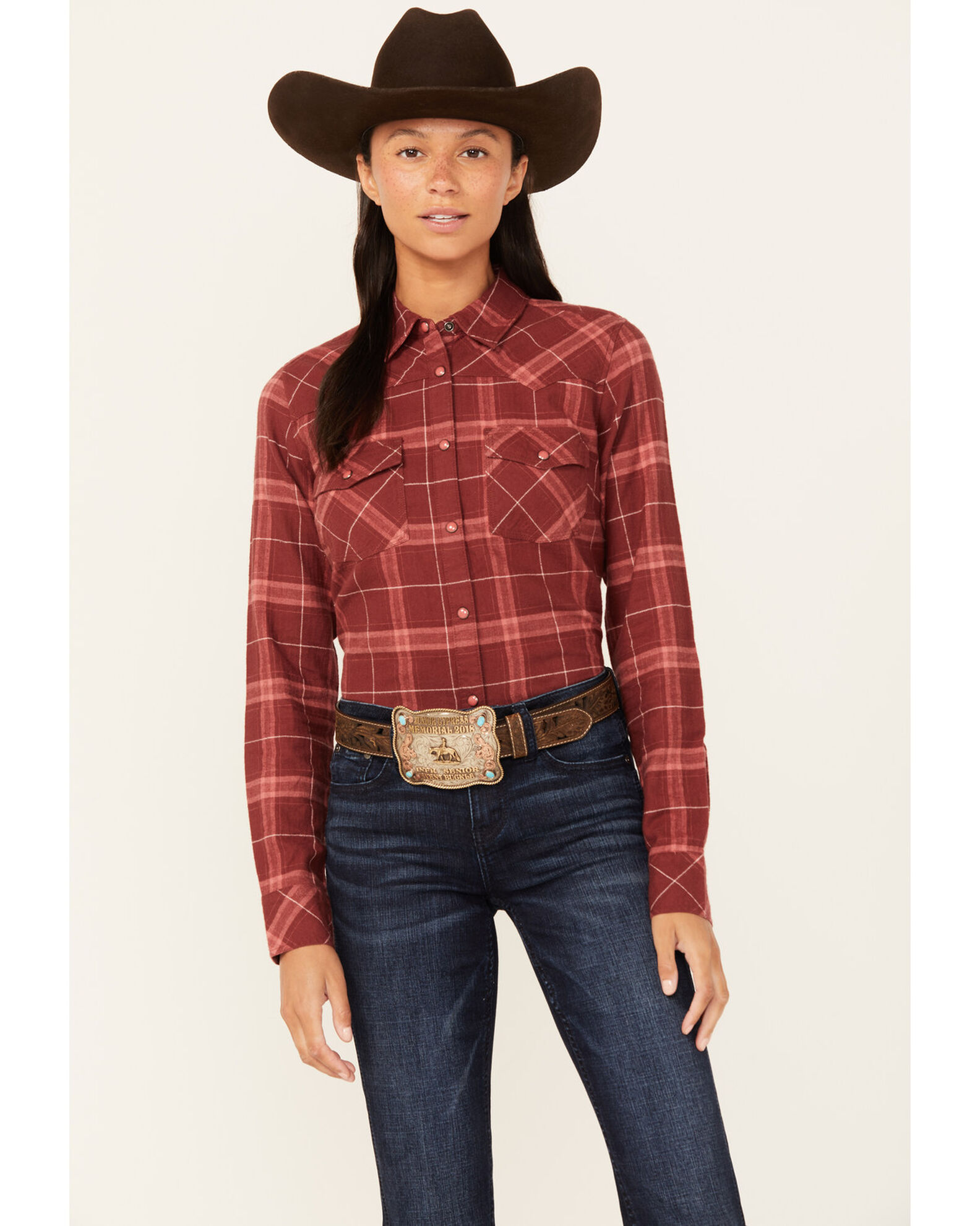 Shyanne Women's Willow Long Sleeve Snap Western Flannel Shirt, Dark Red