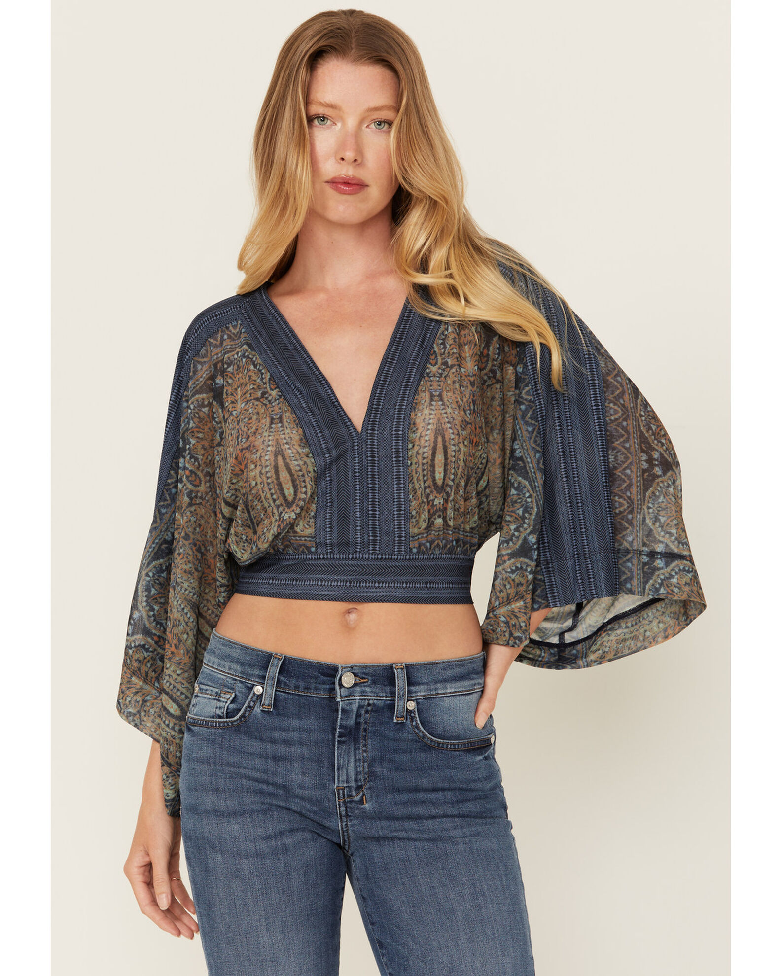 Product Name: Beyond The Radar Women's Paisley Print Mesh Long Sleeve Top