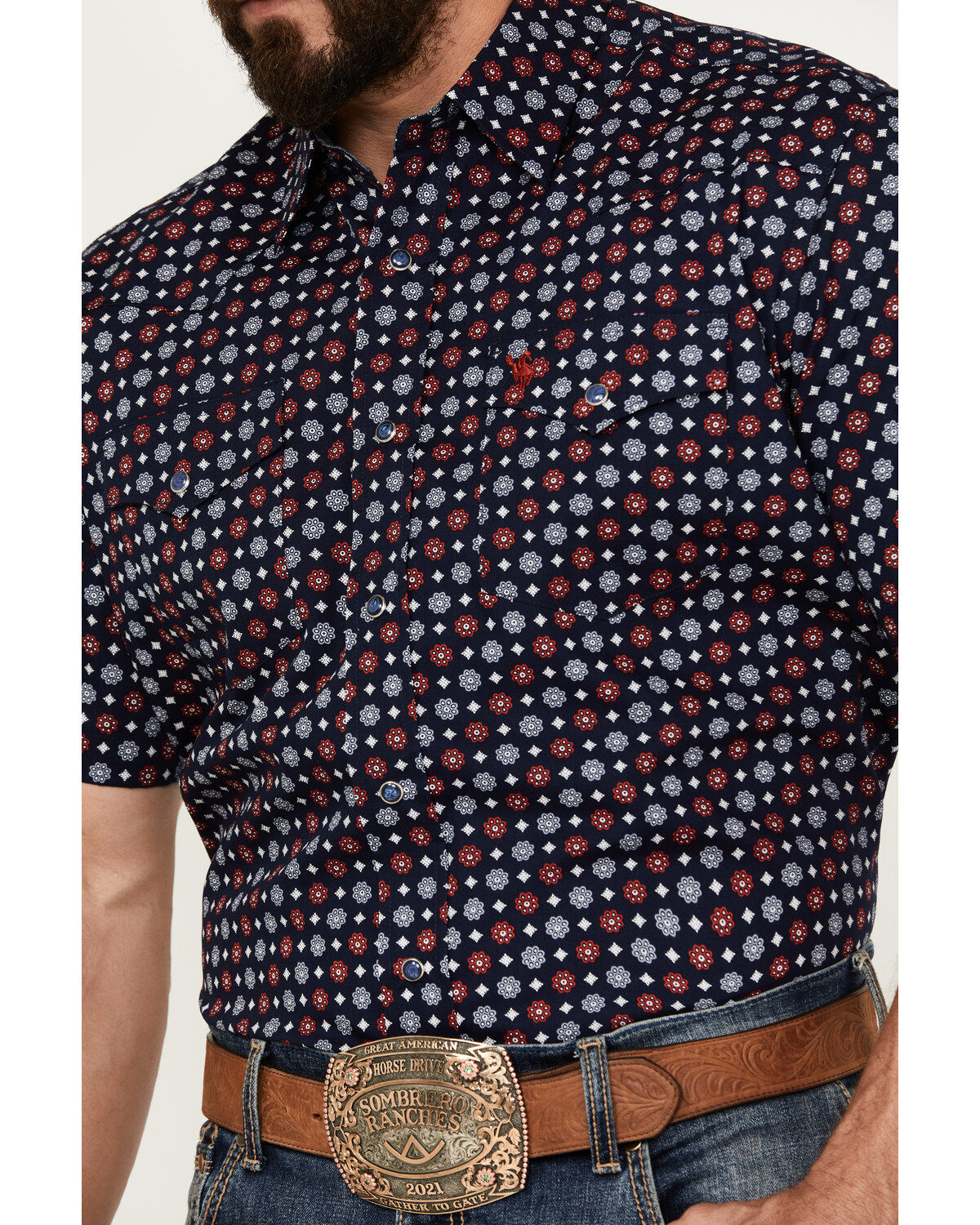 Rodeo Clothing Men's Medallion Print Short Sleeve Snap Western Shirt, Navy