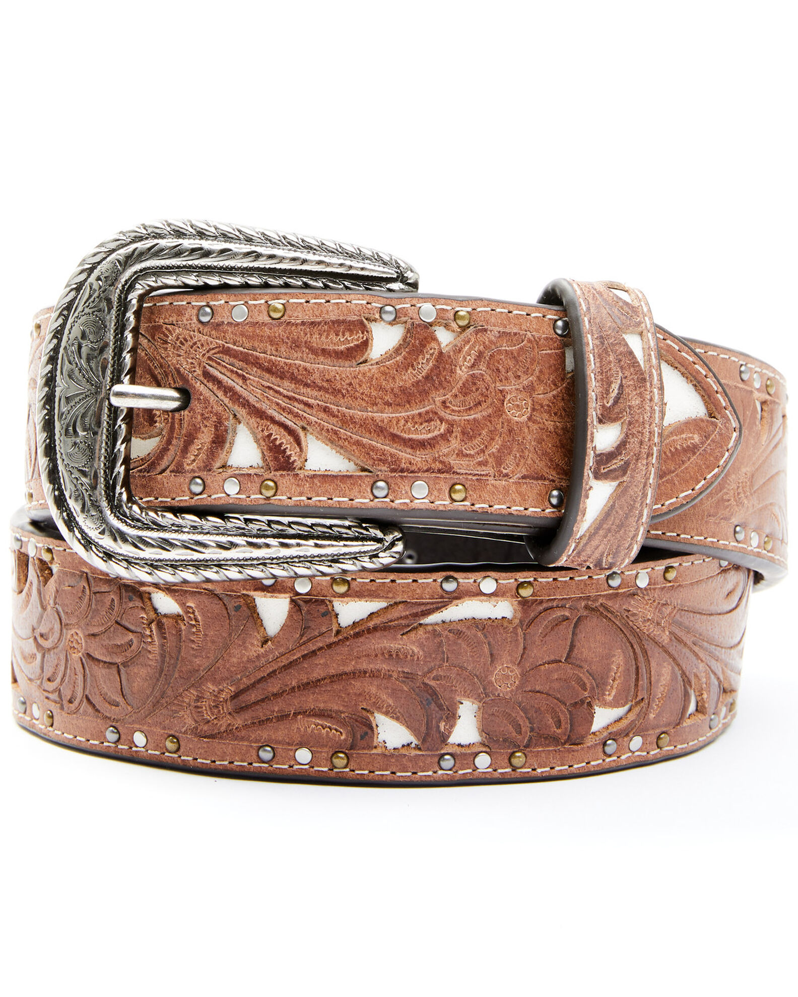 Shyanne Women's Brown Cut-Out Cream Underlay Western Belt, Brown