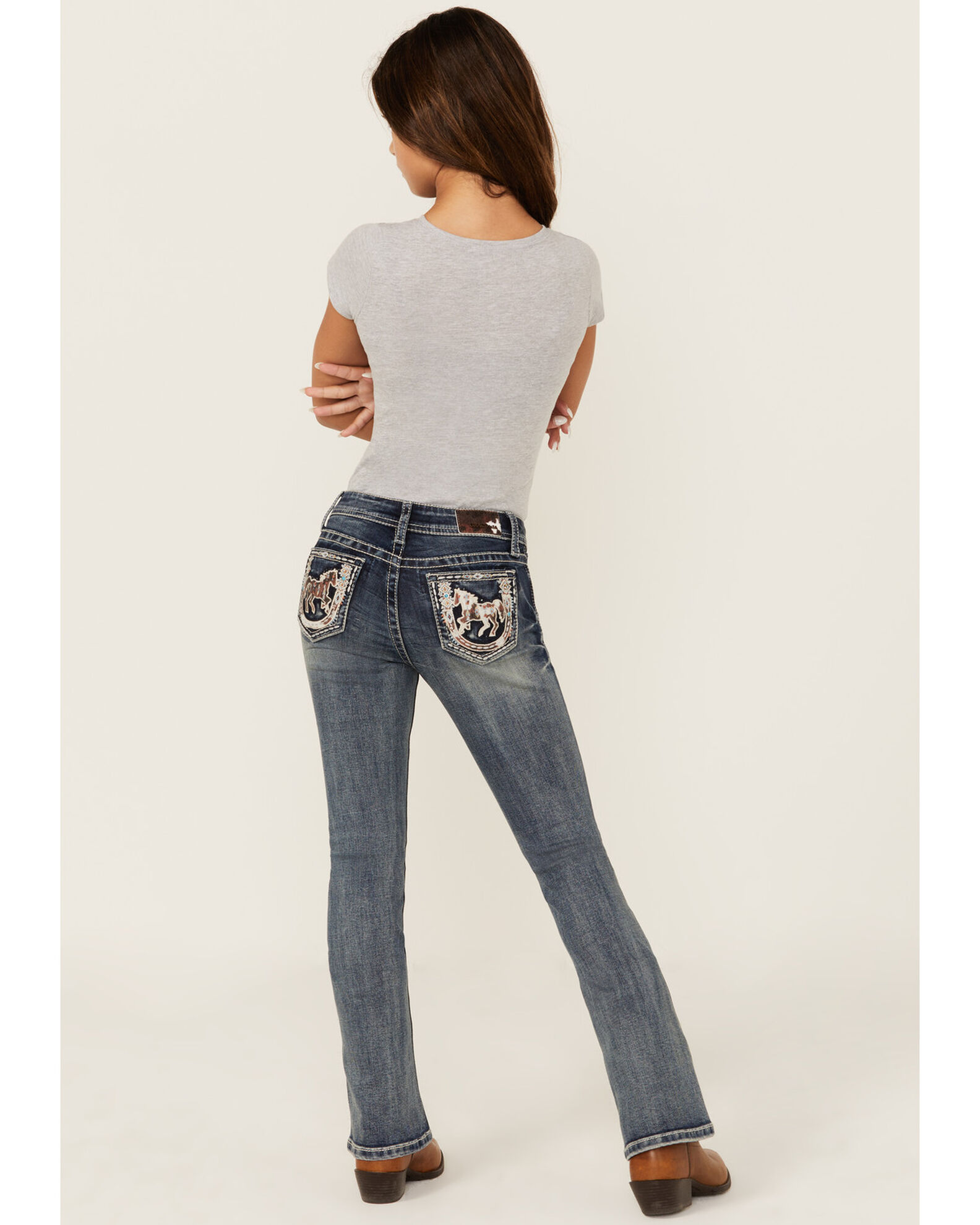 Grace in LA Girls' Medium Wash Horse Patch Pocket Bootcut Stretch Denim ...
