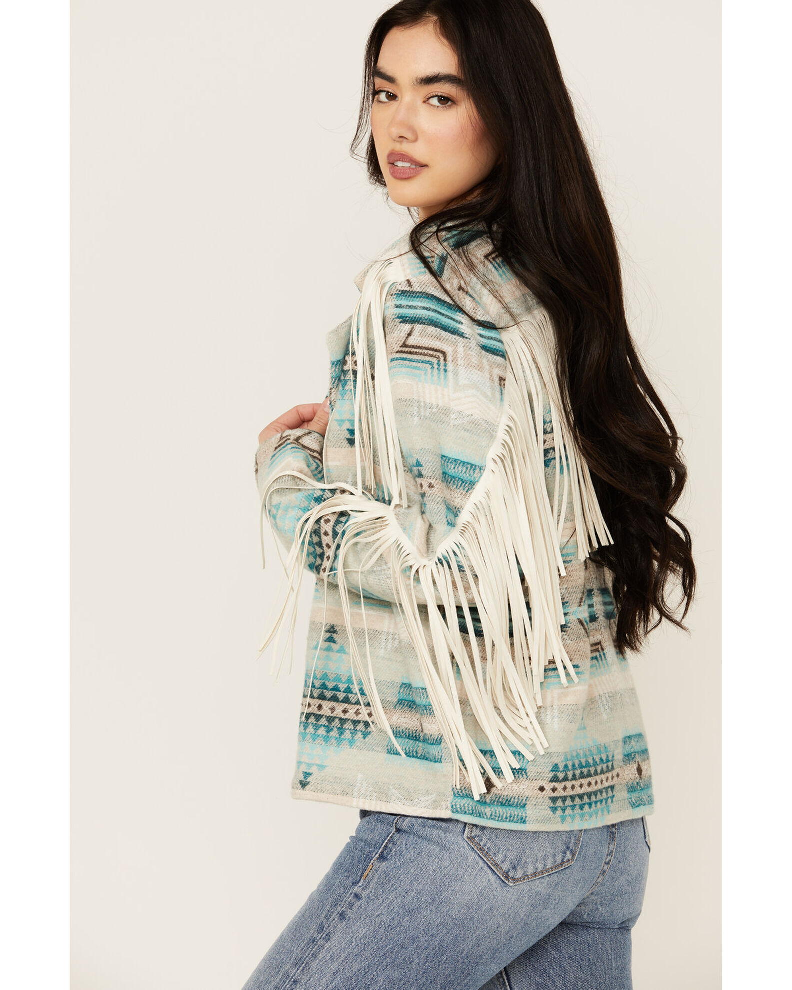 Rock And Roll Denim Womens Southwestern Print Fringe Jacket Blue
