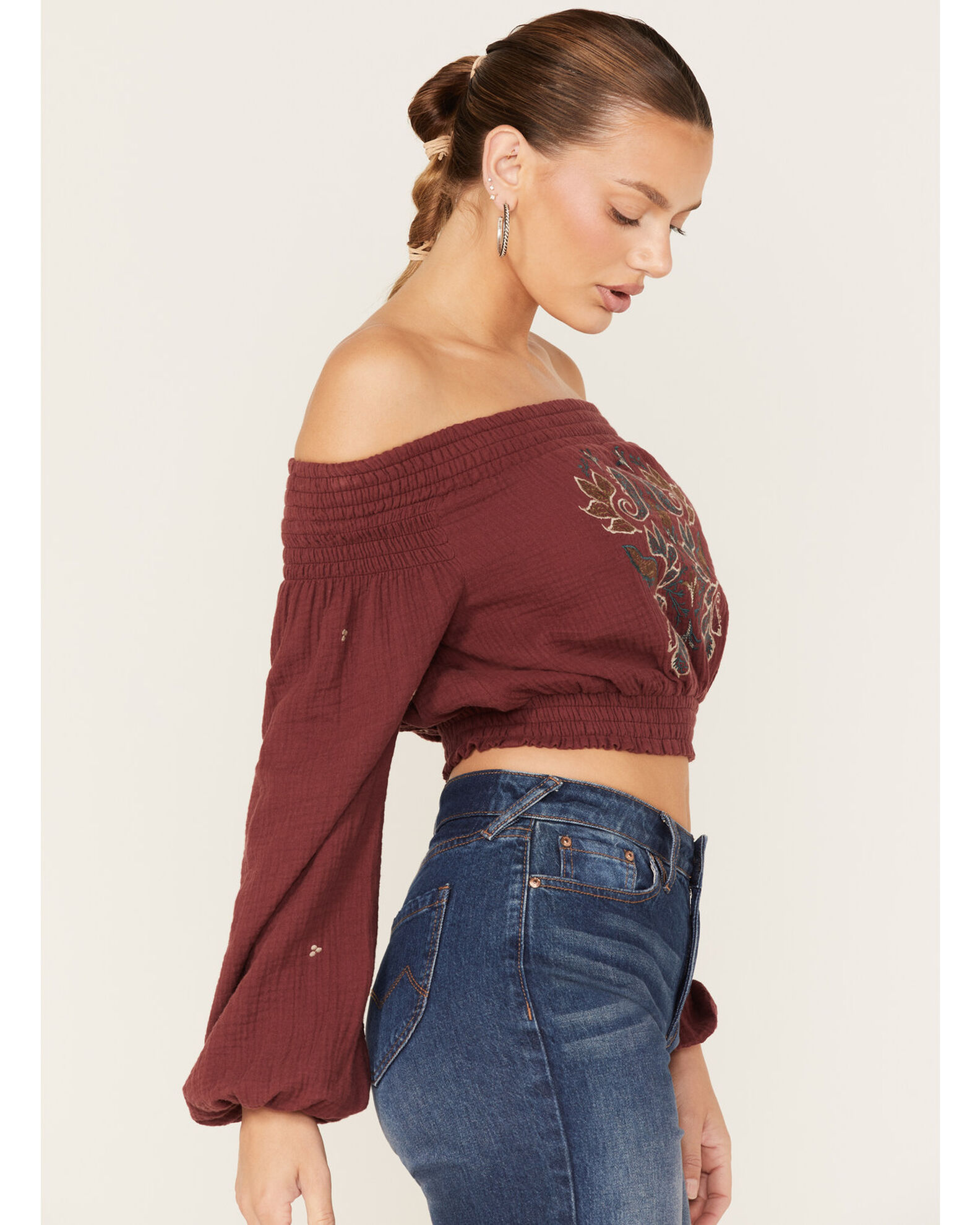 Shyanne Women's Off-Shoulder Embroidered Crop Top, Wine