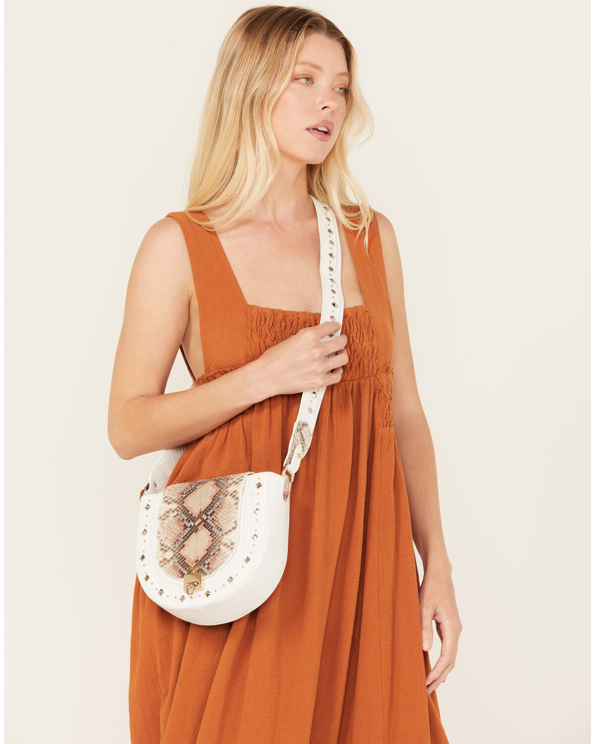 Cuadra Women's Exotic Python Studded Crossbody Bag, Lt Brown, hi-res