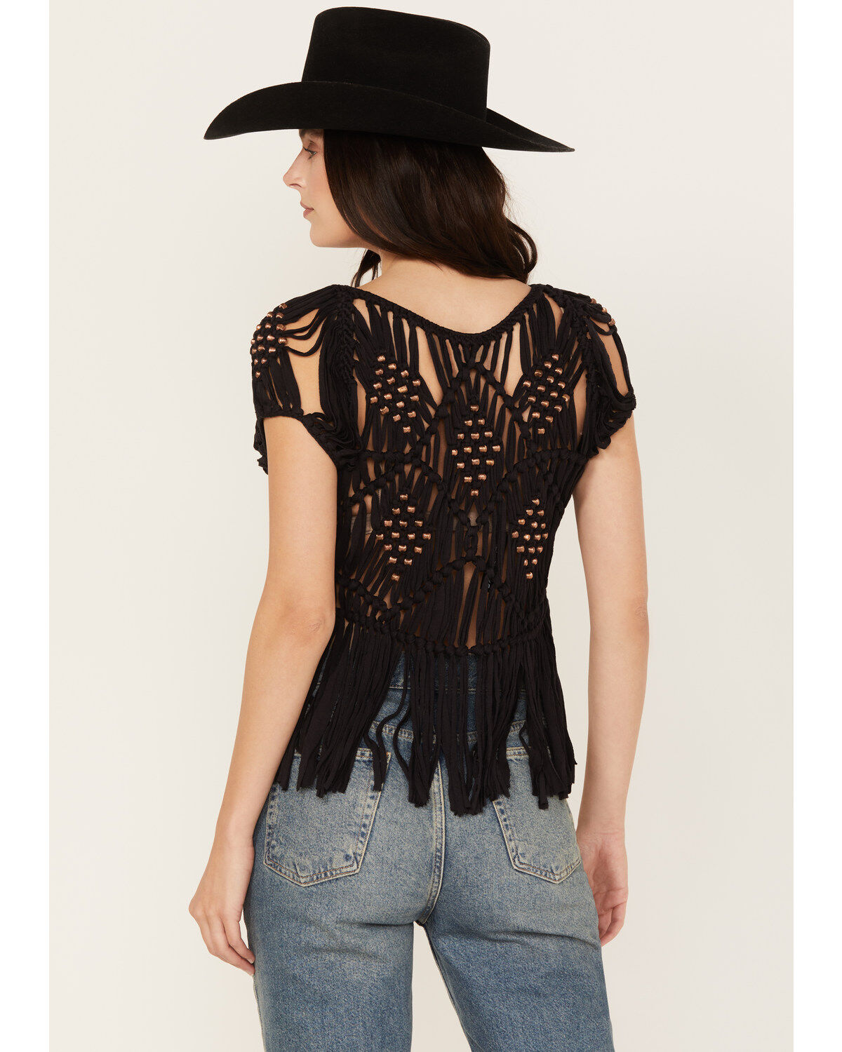 Shyanne Women's Hand Macrame Fringe Top, Black