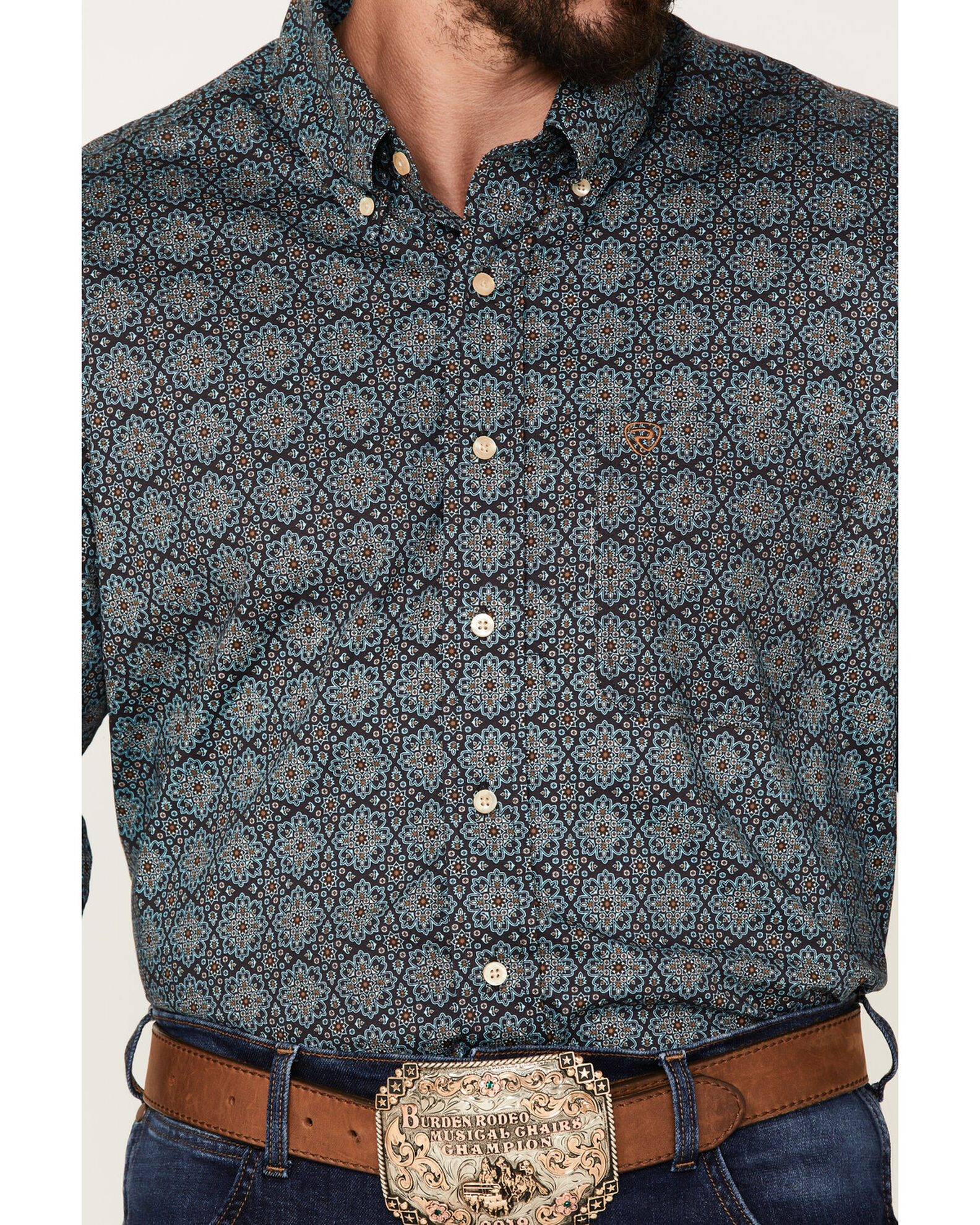Rock And Roll Denim Mens Medallion Print Stretch Long Sleeve Button Down