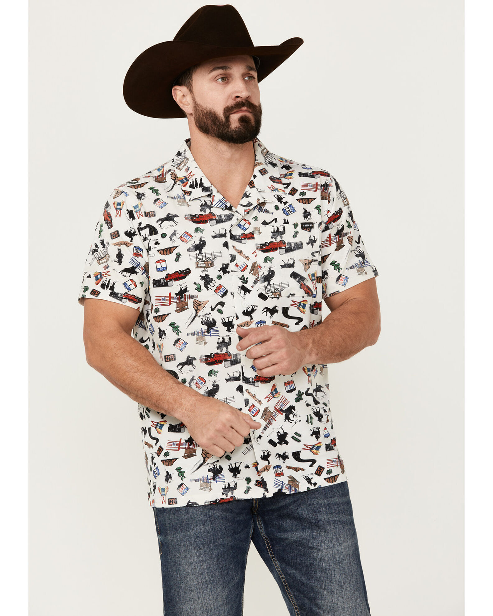 Cinch Men's Rodeo Conversational Print Short Sleeve Button-Down ...