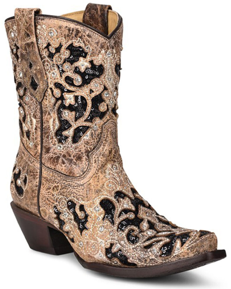 Corral Womens Brown Inlay Western Booties Snip Toe Boot Barn