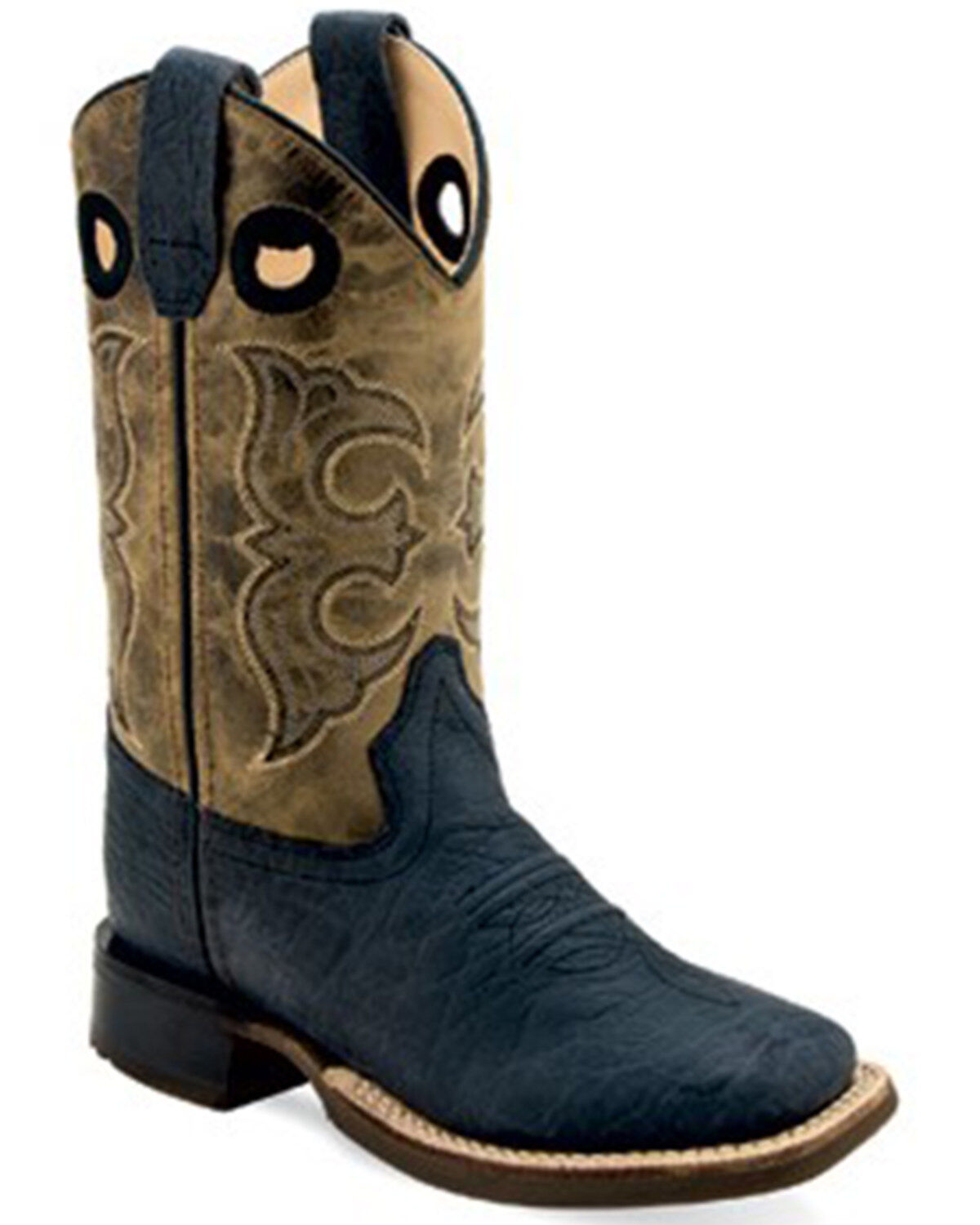 Old West Boys' Bull Hide Print Western Boots - Broad Square Toe, Brown
