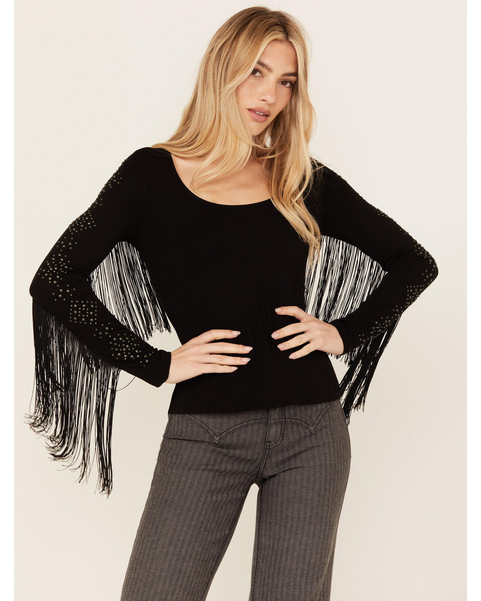 Idyllwind Women's Doris Studded Fringe Long Sleeve Top, Black