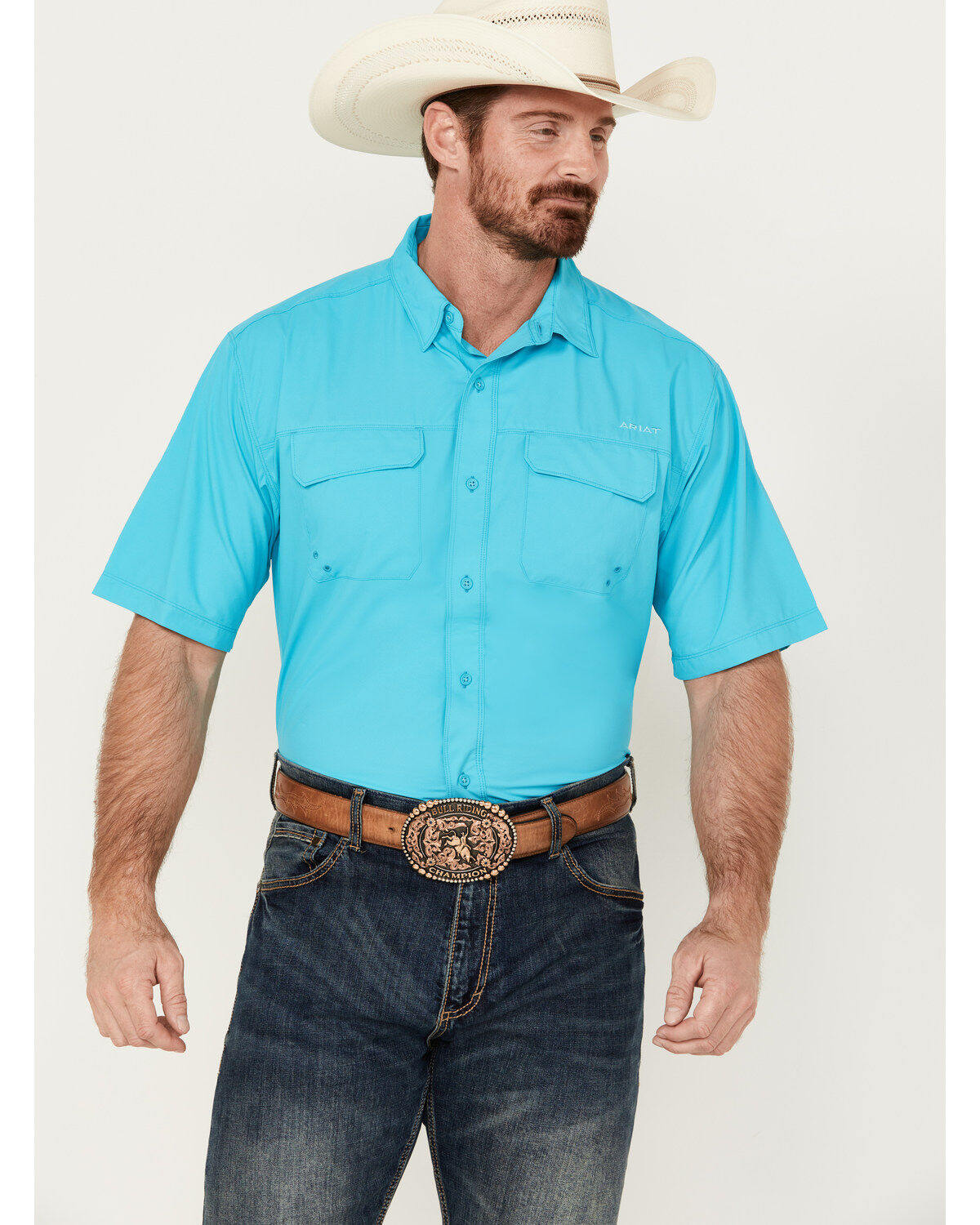 Ariat Mens Venttek Outbound Solid Short Sleeve Button Down Performance