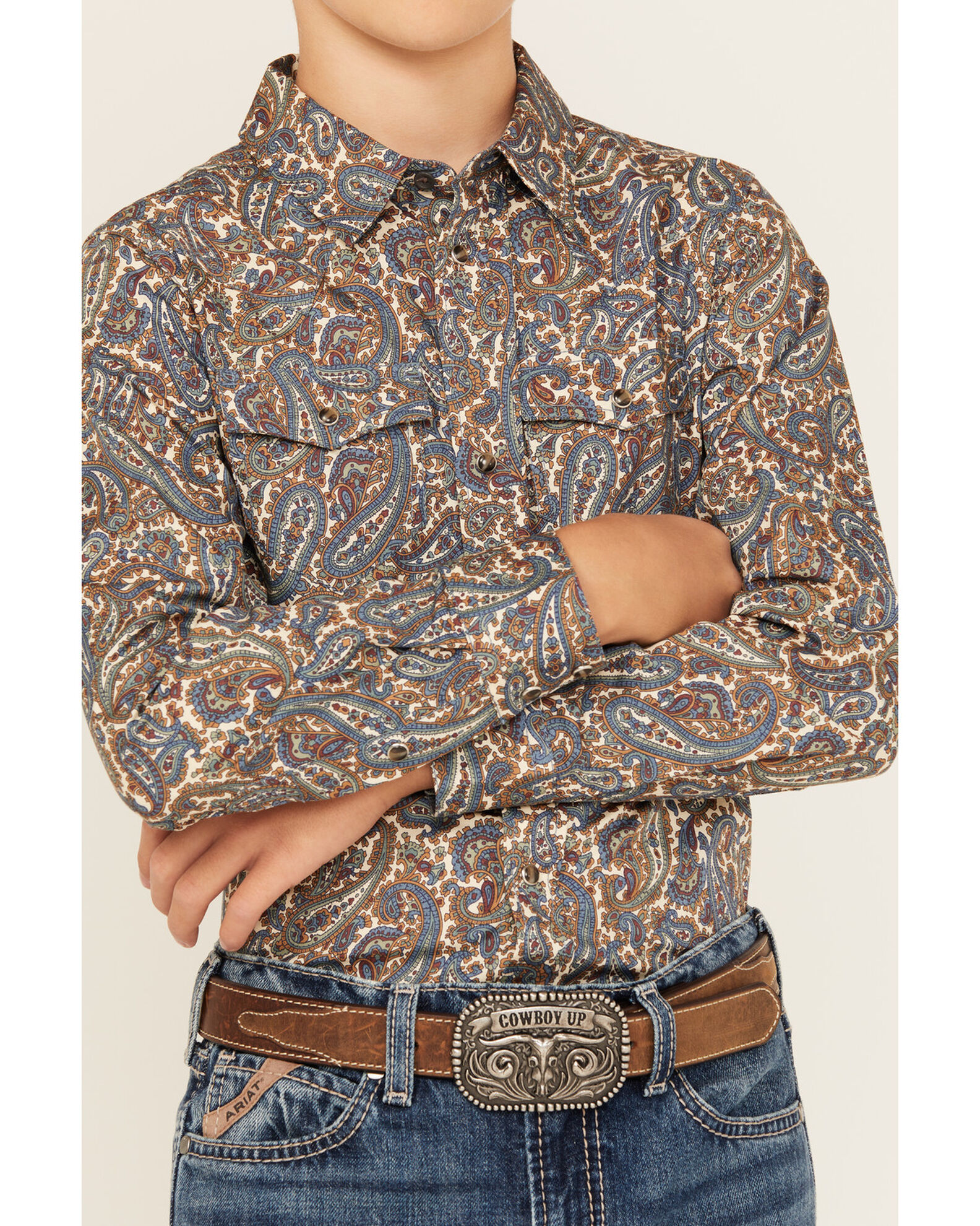 Cody James Boys' Madera Paisley Print Long Sleeve Snap Western Shirt, Blue