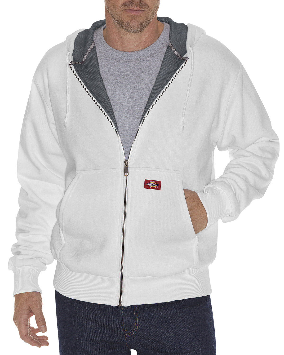 Dickies Men's Midweight Fleece Zip-Up Hooded Work Jacket, White