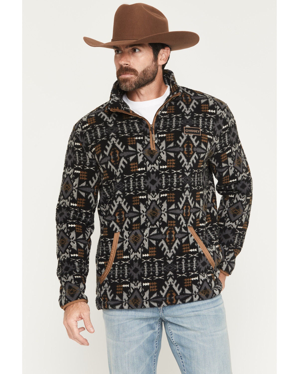 Hooey Men's Bozeman Southwestern Print Fleece 1/4 Zip Pullover, Black