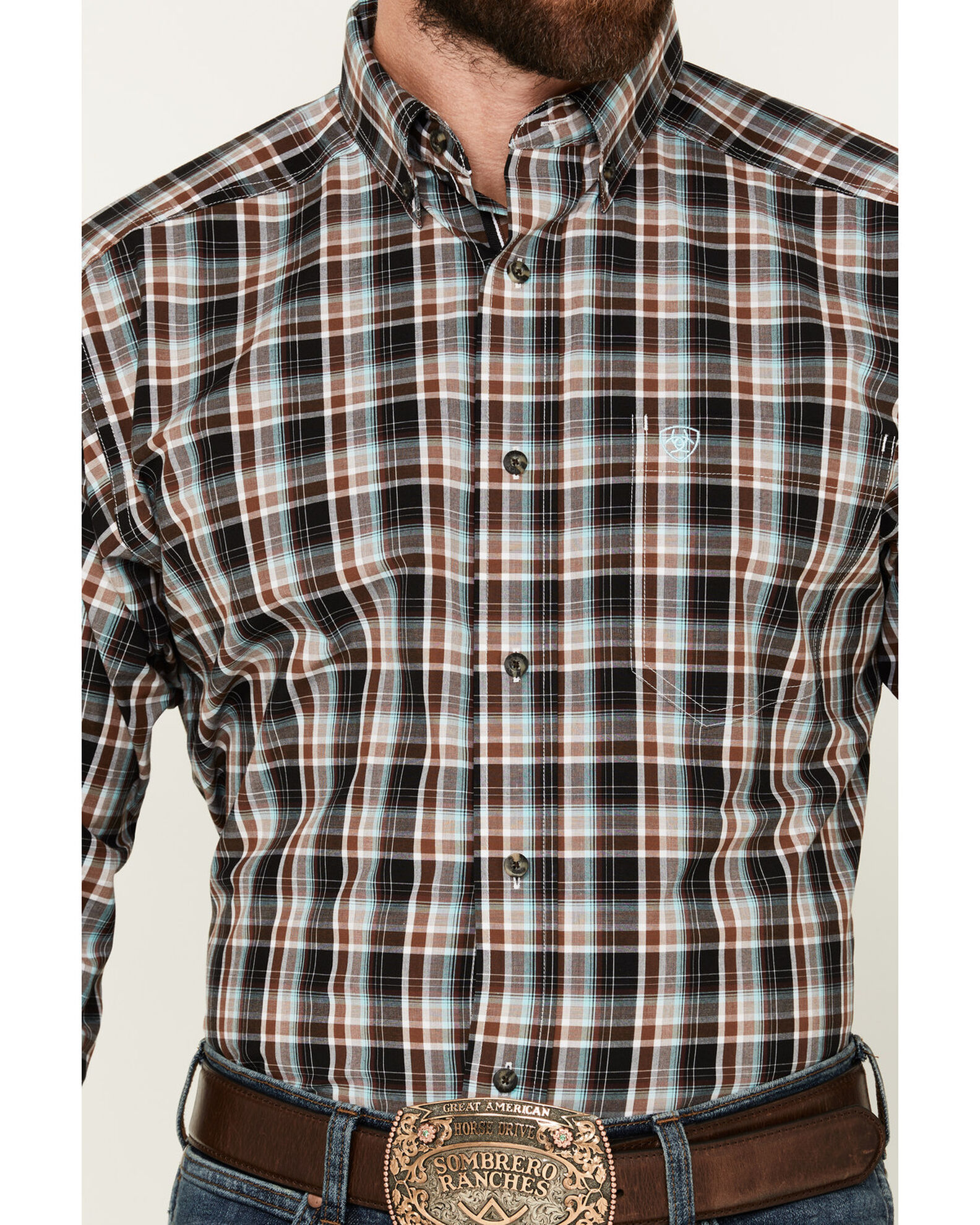 Ariat Mens Nathanael Plaid Print Long Sleeve Button Down Performance