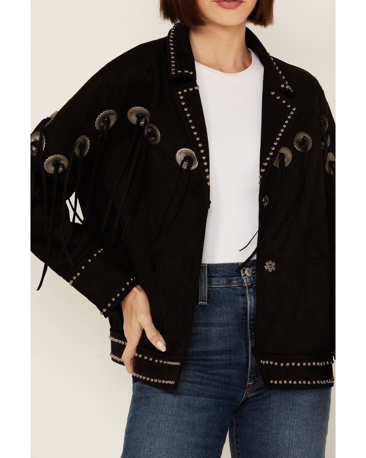 Vocal Women's Concho Studded Fringe Jacket,