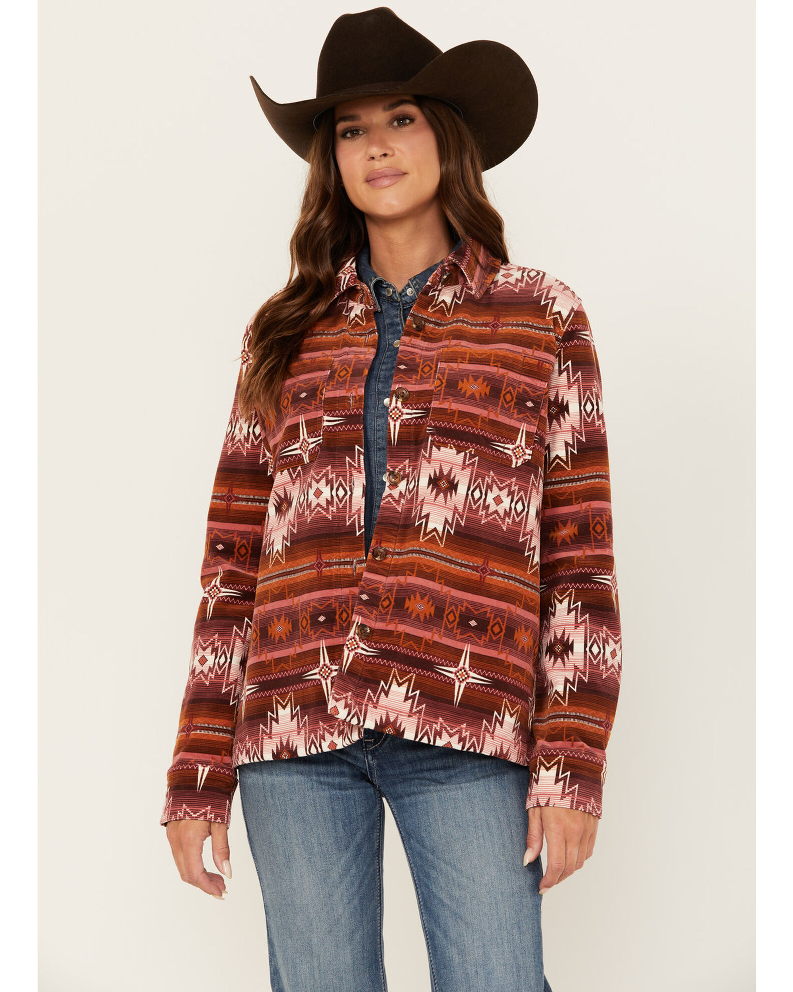 Shyanne Women's Southwestern Striped Print Corduroy Barn Shacket, Mahogany