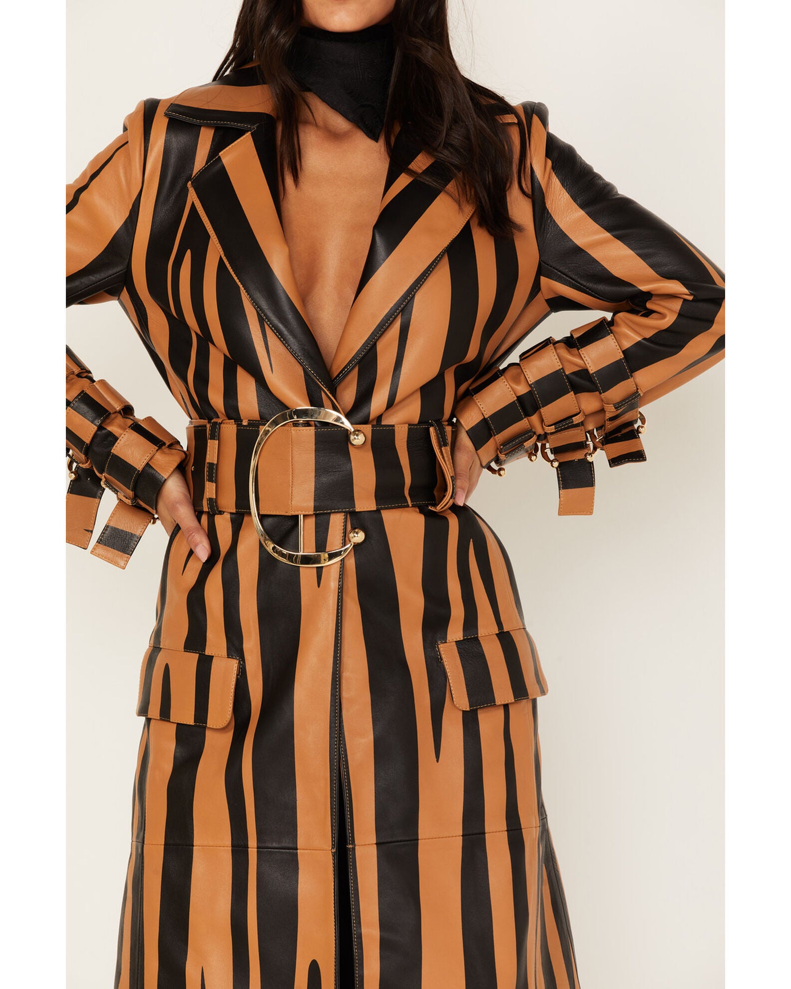 DANCASSAB Women's Diana Zebra Stripe Leather Coat, Tan