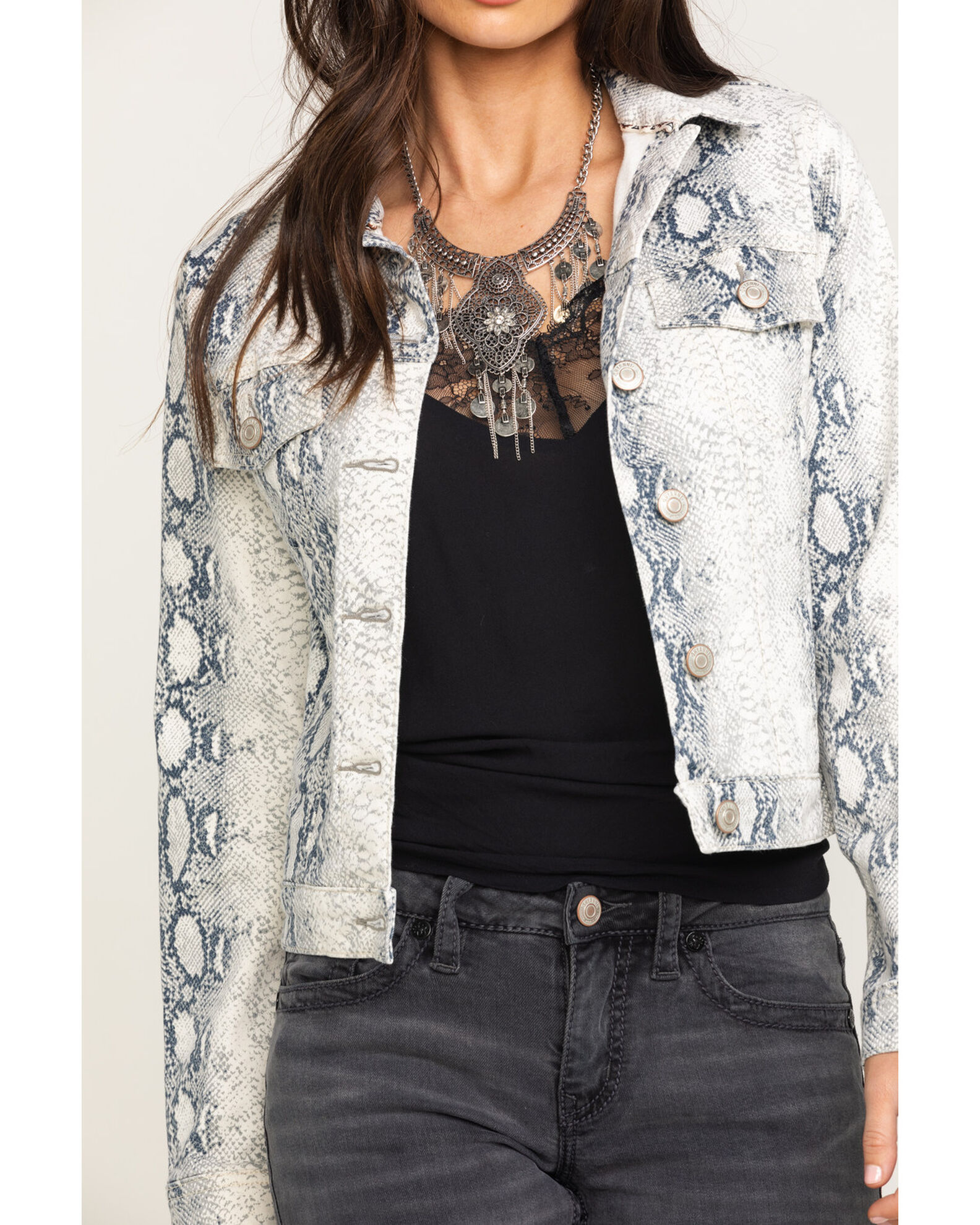 Product Name: Shyanne Women's Python Print Denim Trucker Jacket