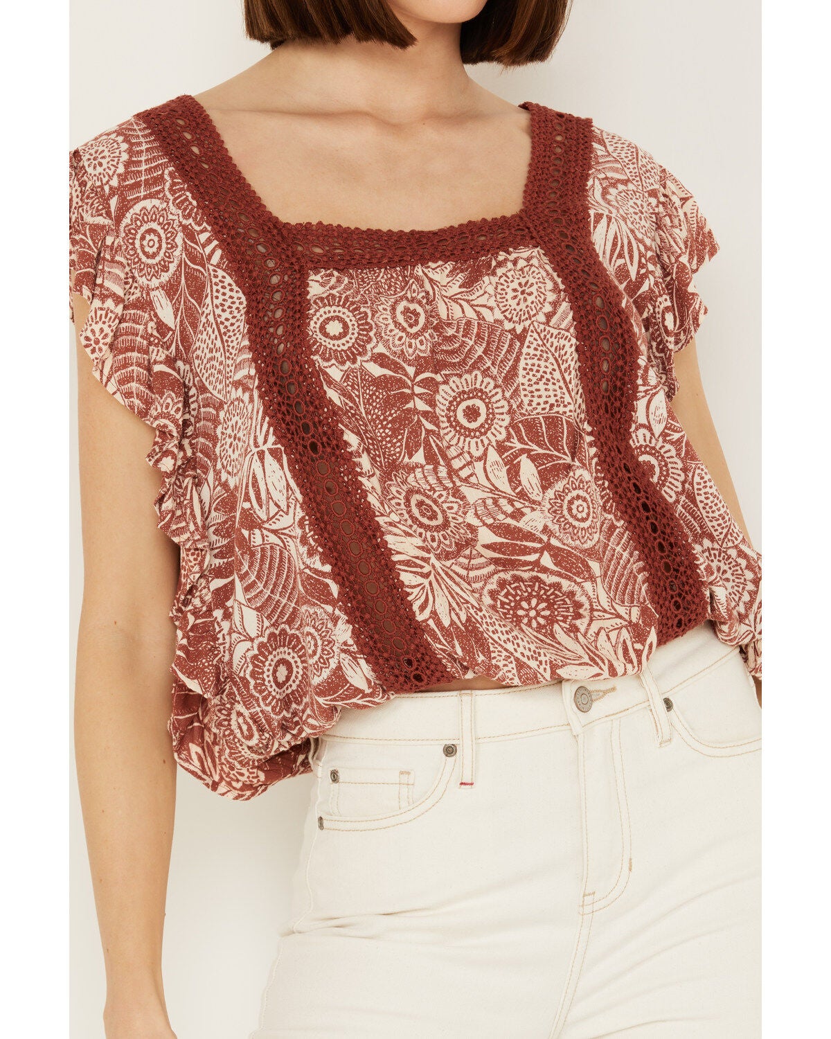 Angie Women's Butterfly Sleeve Floral Top, Rust Copper