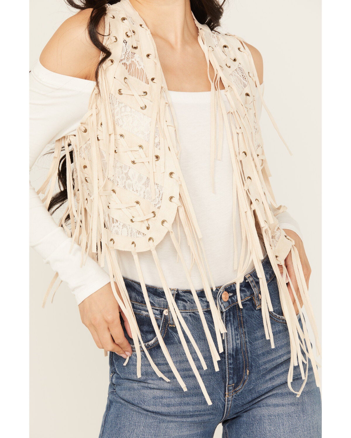 Vocal Women's Braided Lace Fringe Vest, Natural